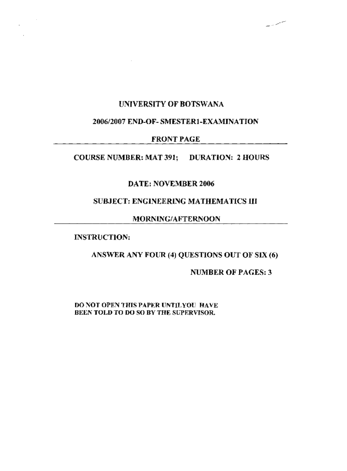Engineering Mathematics Exam - MAT - November 2006 - Studocu