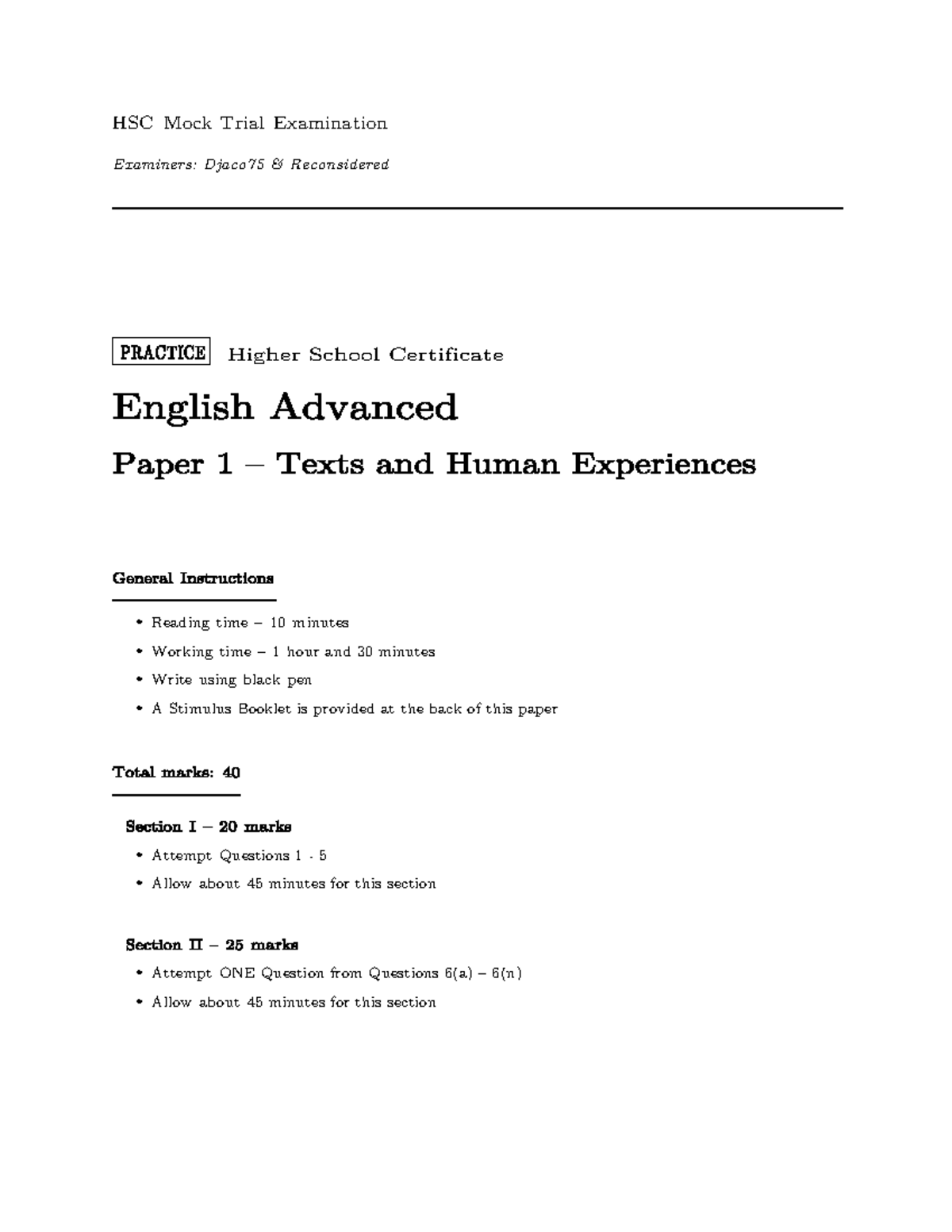 HSC English Adv Paper 1 Mock Trial Exam: Texts & Human Experiences ...