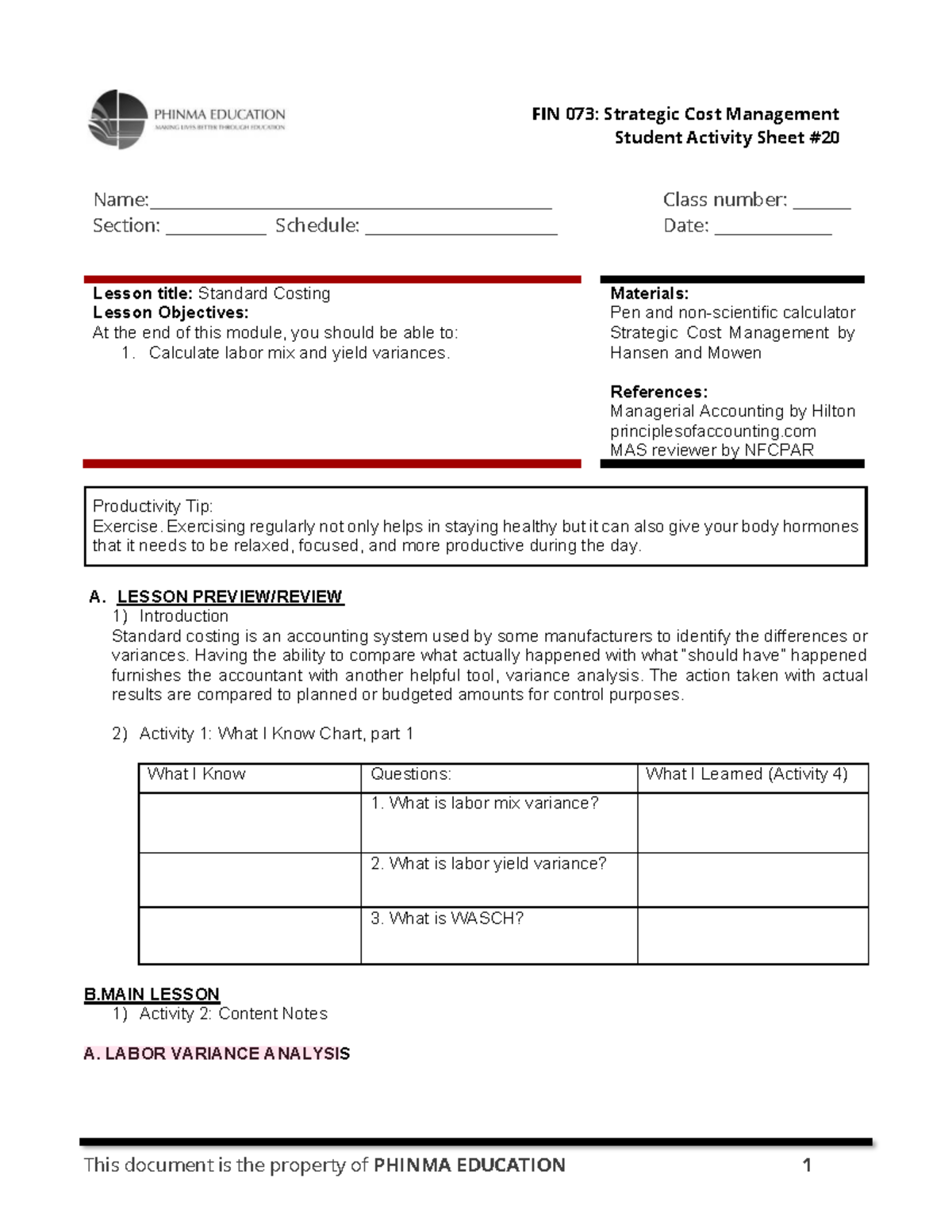 FIN 073: Strategic Cost Management - Standard Costing Lesson Notes ...