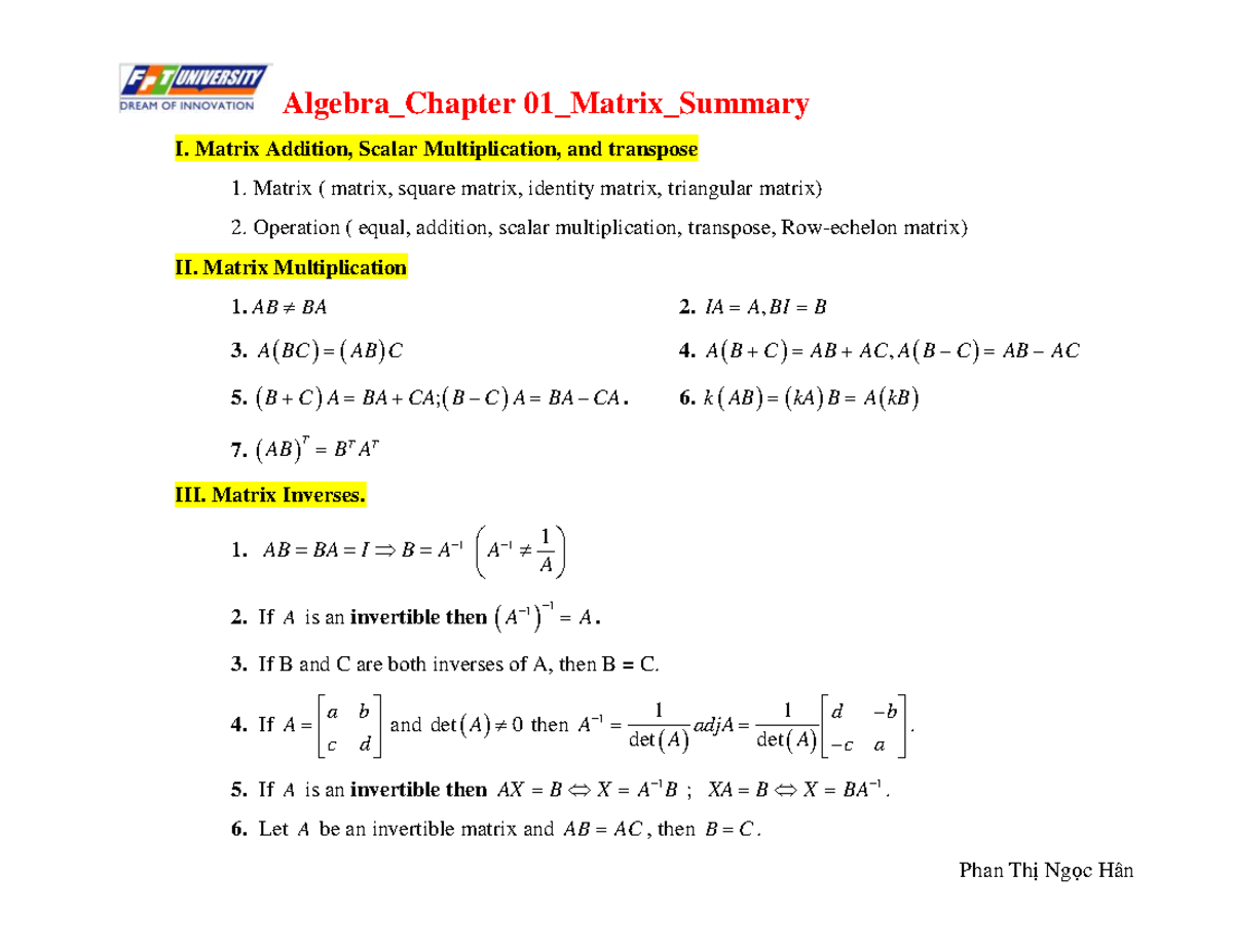 Y2025 MAE101 Algebra Summary - Algebra_Chapter 01_Matrix_Summary I. Matrix Addition, Scalar ...