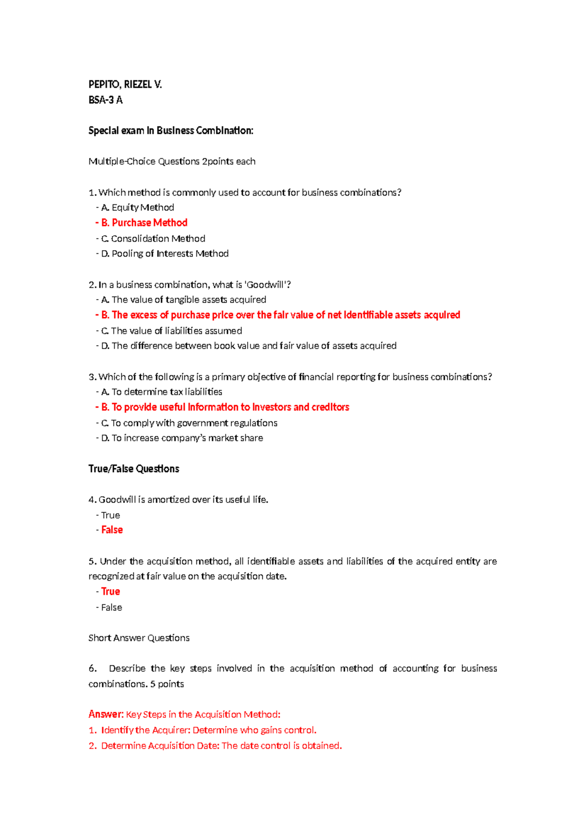 Special Exam: Business Combinations (BSA-3A) - Multiple Choice & Essays ...