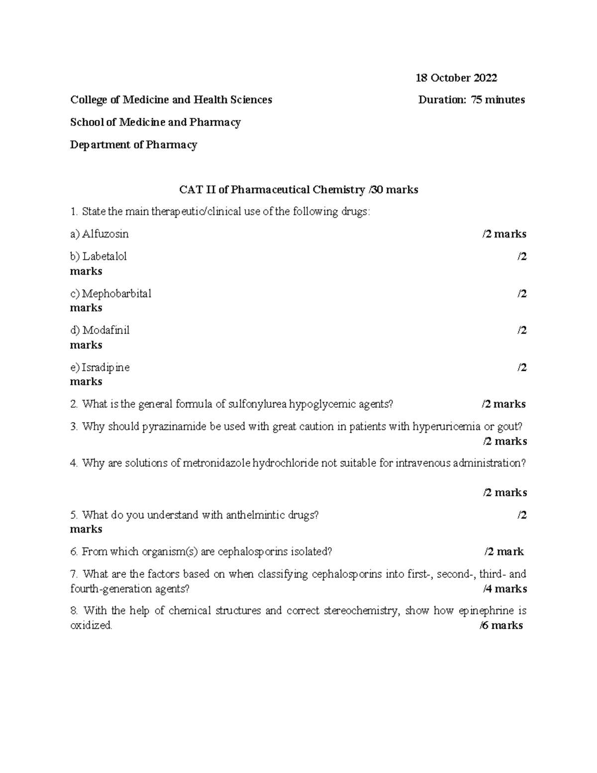 CAT II Pharmaceutical Chemistry Exam Questions - 18 Oct 2022 - Studocu