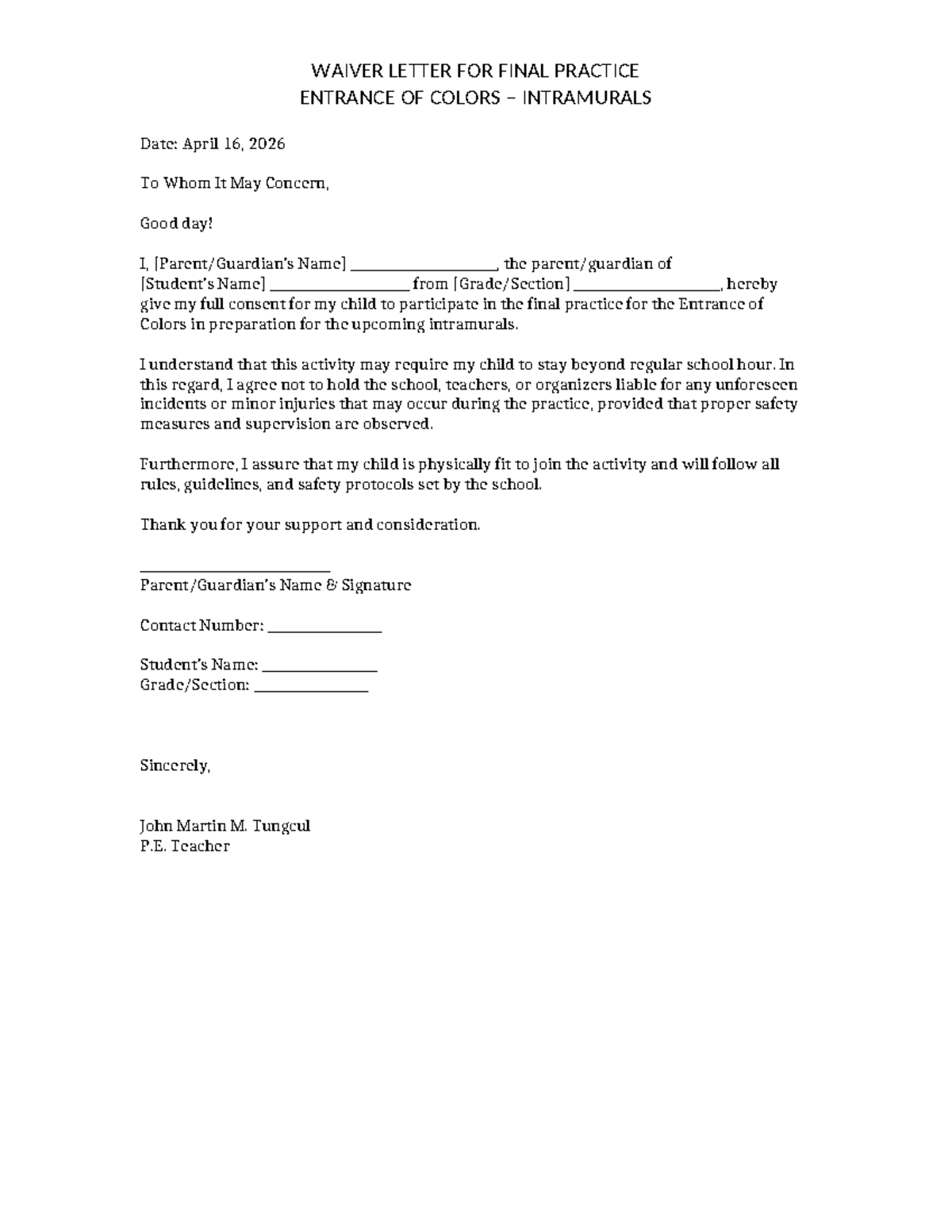 WAIVER LETTER FOR FINAL PRACTICE: ENTRANCE OF COLORS - Studocu