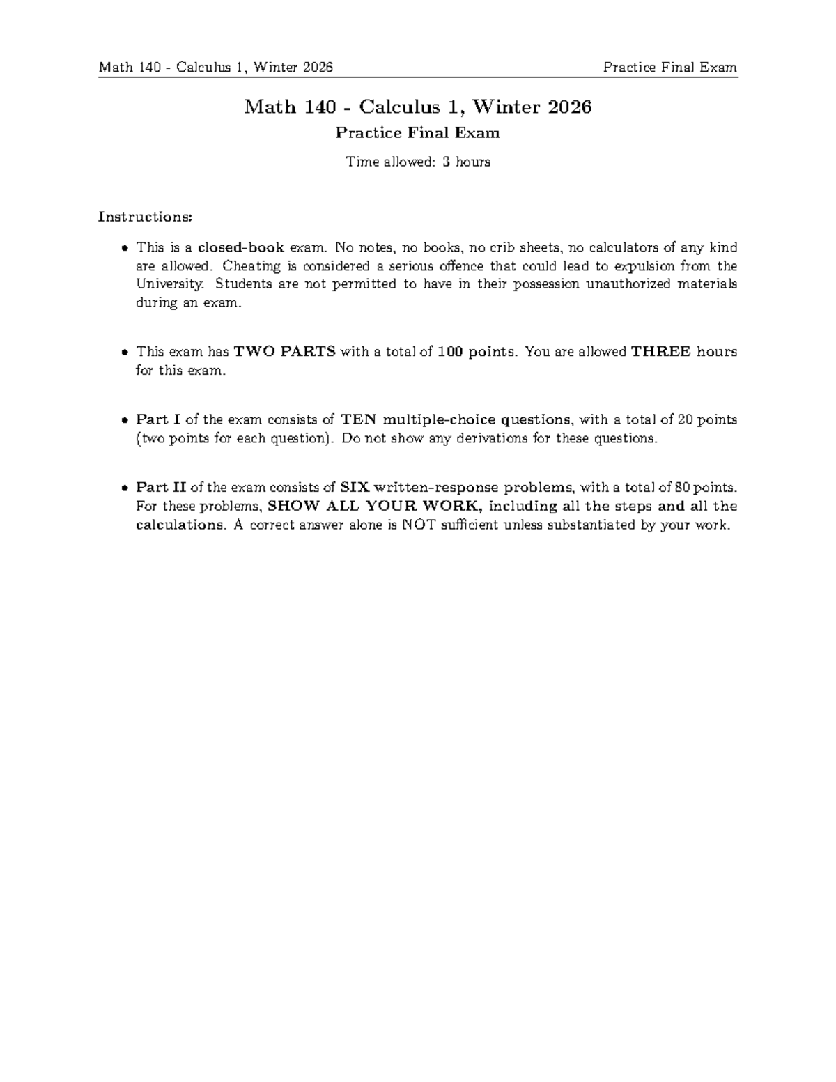 Math 140 Calculus 1, Winter 2026 Practice Final Exam Guide - Studocu