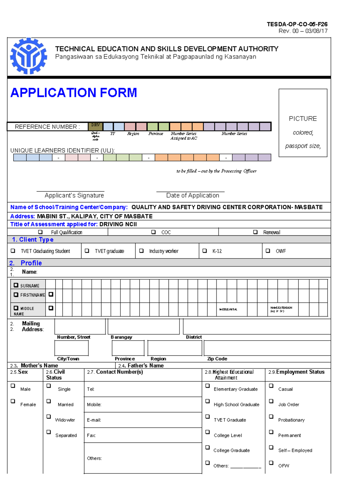Application FORM Revise( New) - PICTURE colored, passport size, TESDA ...