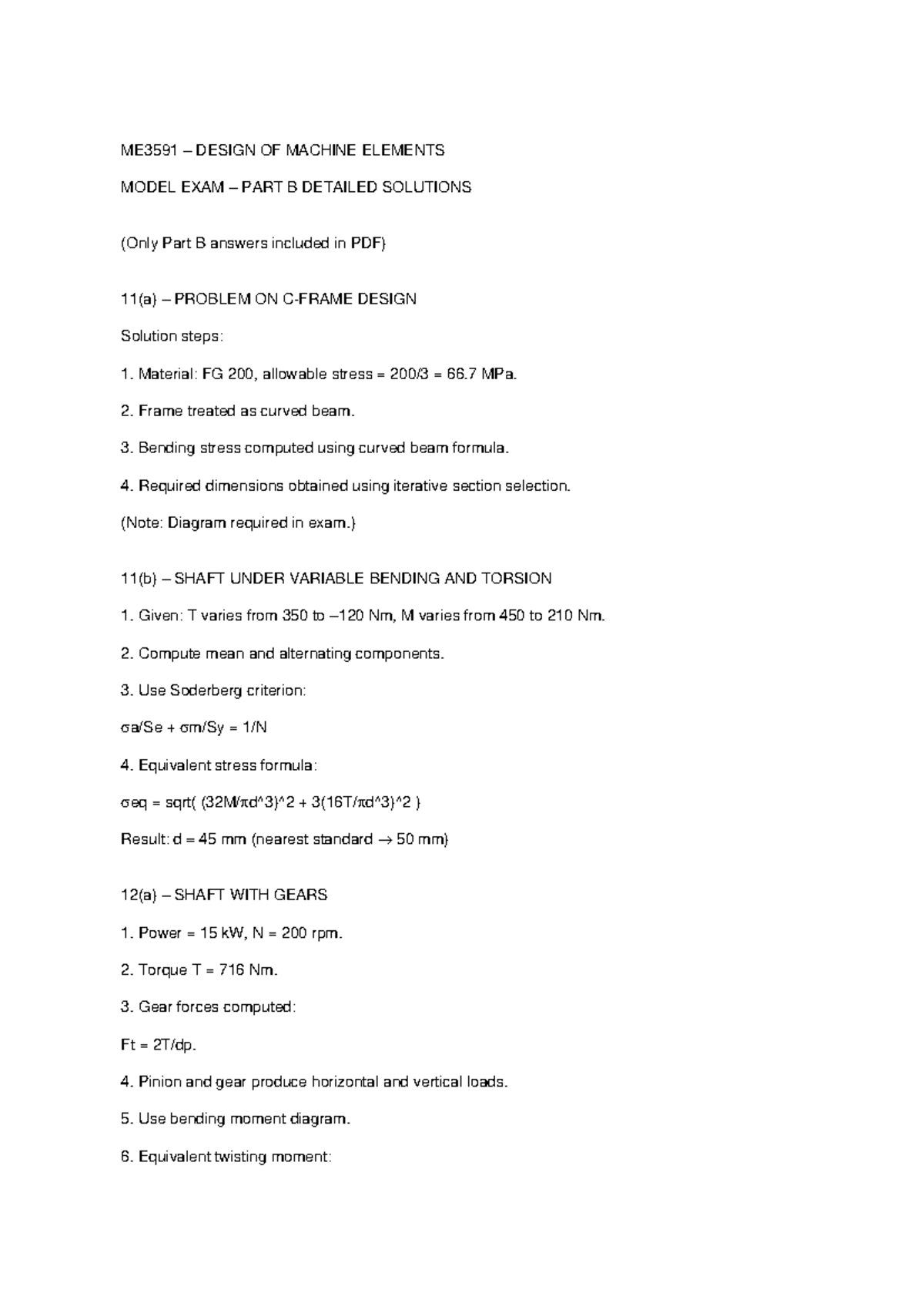ME3591 DESIGN OF MACHINE ELEMENTS MODEL EXAM PART B SOLUTIONS - Studocu