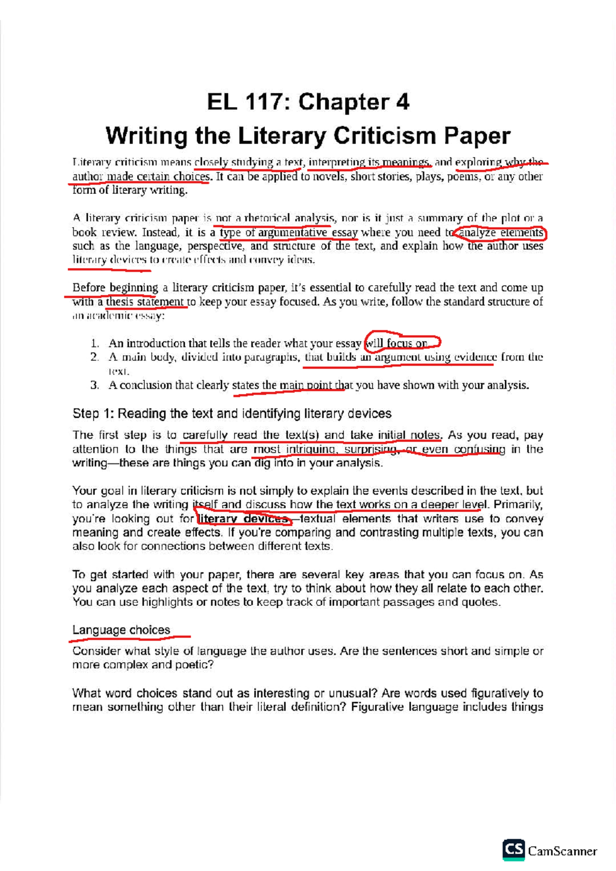 EL 117: Chapter 4 Guide to Writing a Literary Criticism Paper - Studocu