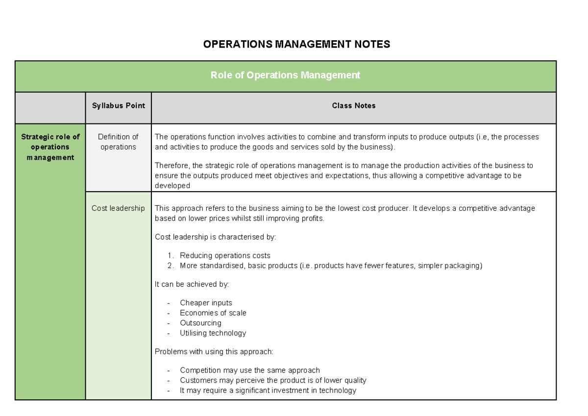 Operations Management Notes (OM101): Key Concepts and Applications ...