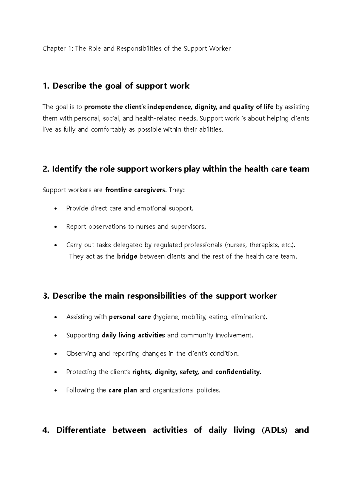Chapter 1: The Role and Responsibilities of Support Workers - Studocu