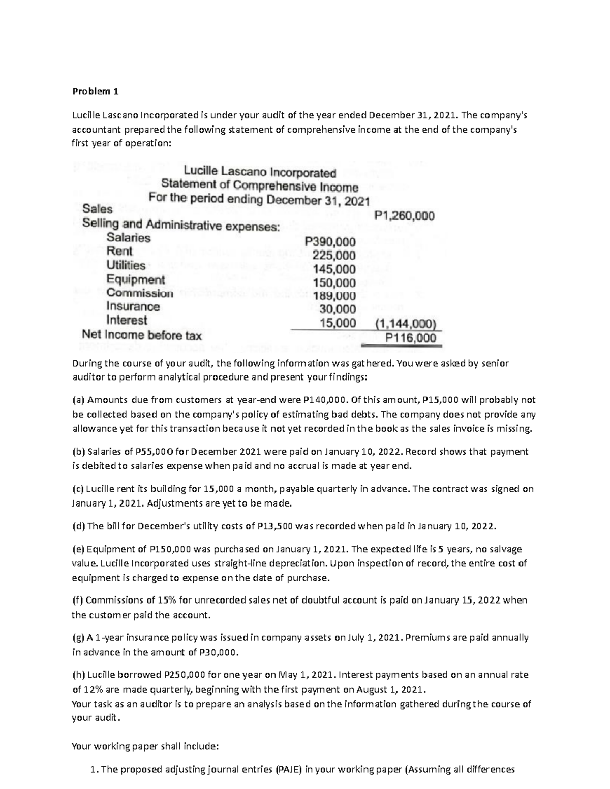 Auditing- Pre-work Assignment Prob - Problem 1 Lucille Lascano ...