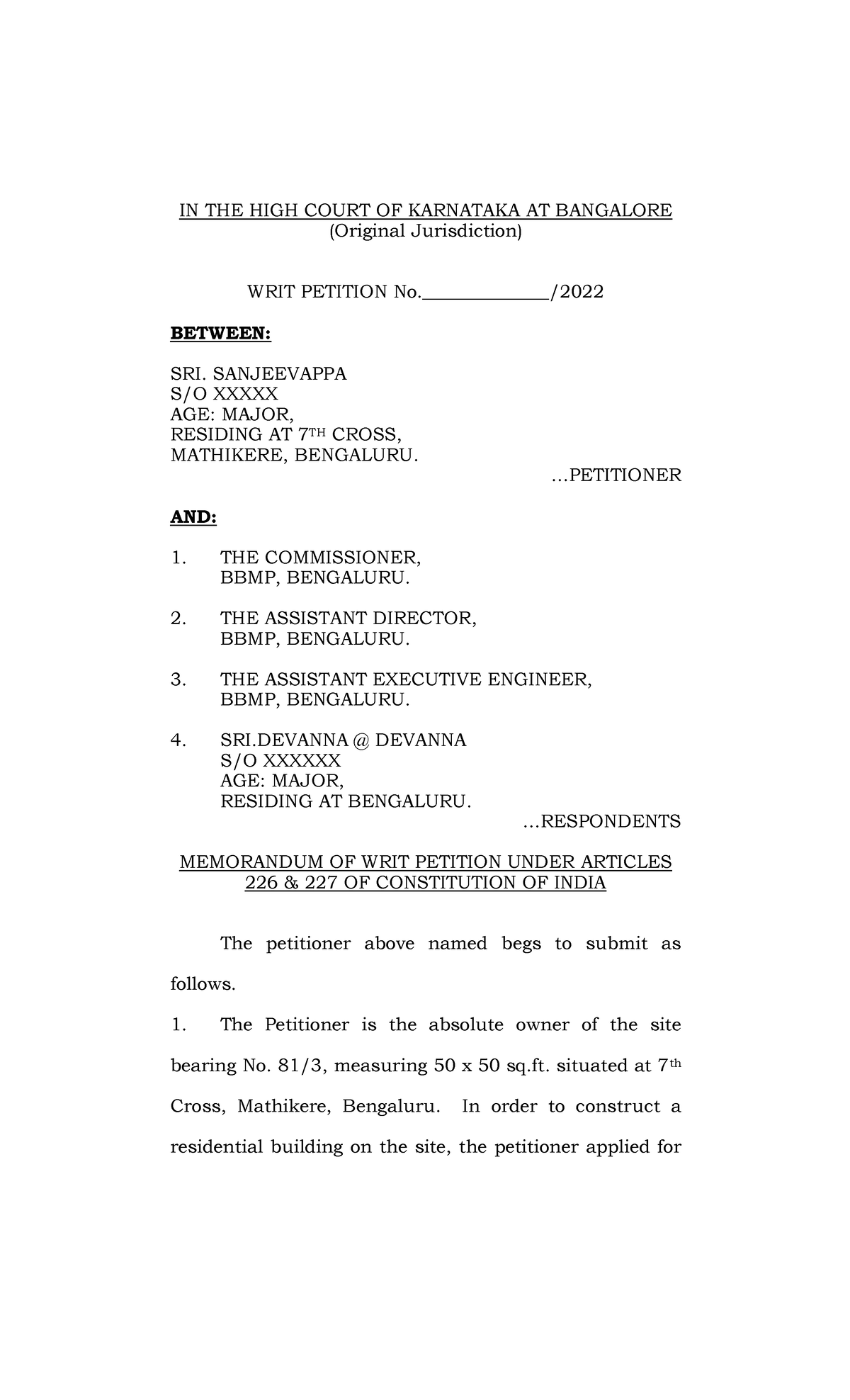 05. WRIT Petition - Art 226 - IN THE HIGH COURT OF KARNATAKA AT BANGALORE (Original Jurisdiction ...