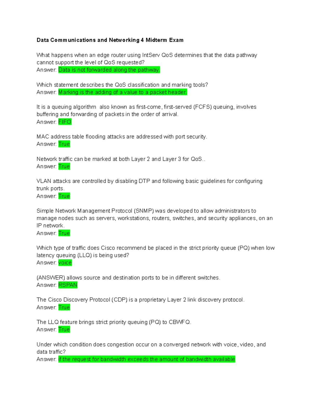 Data Communications And Networking 4 Midterm Exam Which Statement Describes The Qos
