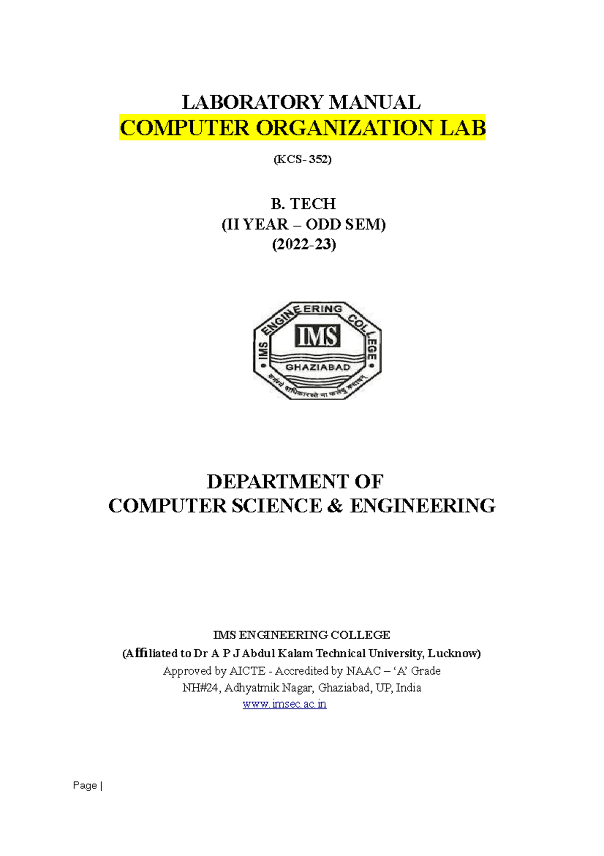 Coa lab file 1 - very good file - COMPUTER ORGANIZATION LAB (KCS- 352 ...