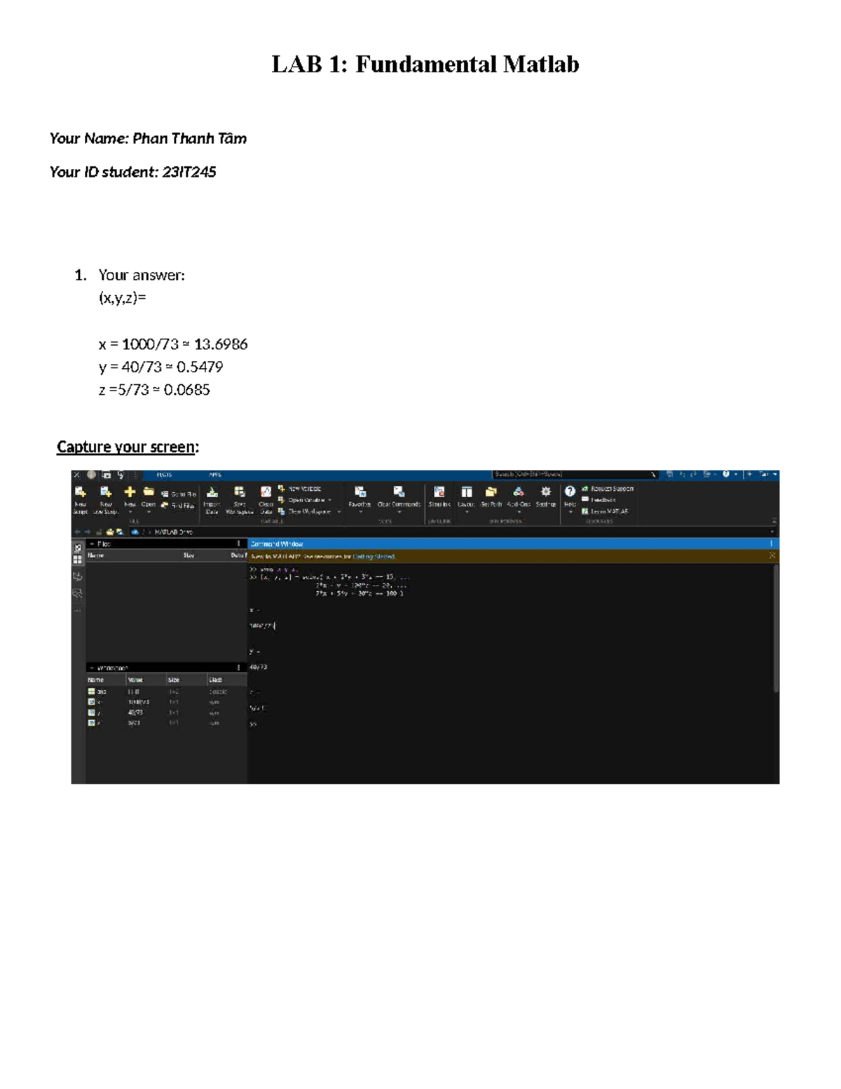 LAB 1 - abc - Chuyên đề 1 - LAB 1: Fundamental Matlab Your Name: Phan Thanh Tâm Your ID student ...