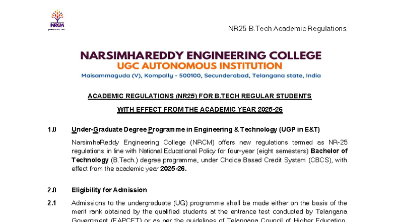 NR25 B.Tech Academic Regulations Overview for Students - Studocu
