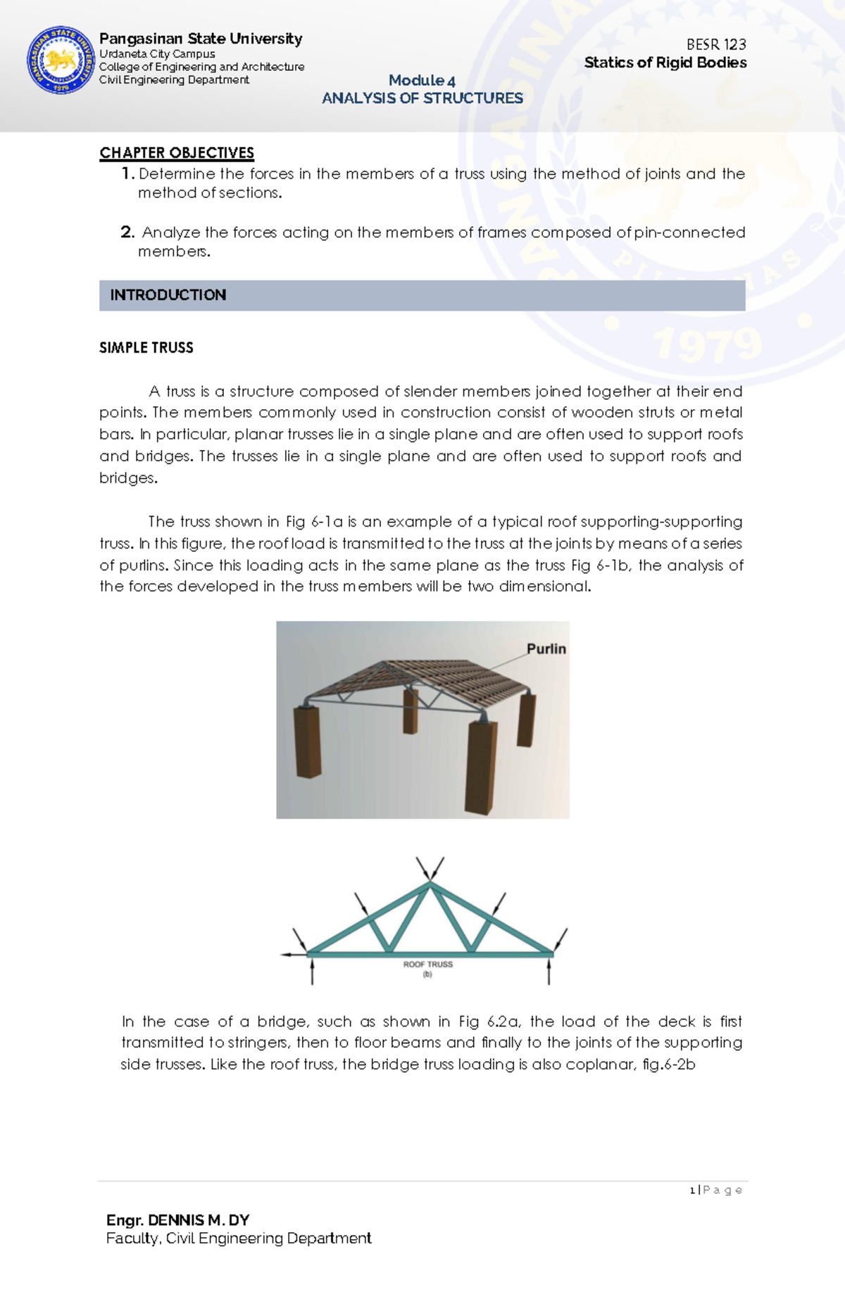 BESR 123 Statics of Rigid Bodies Module 4: Truss Analysis Techniques ...