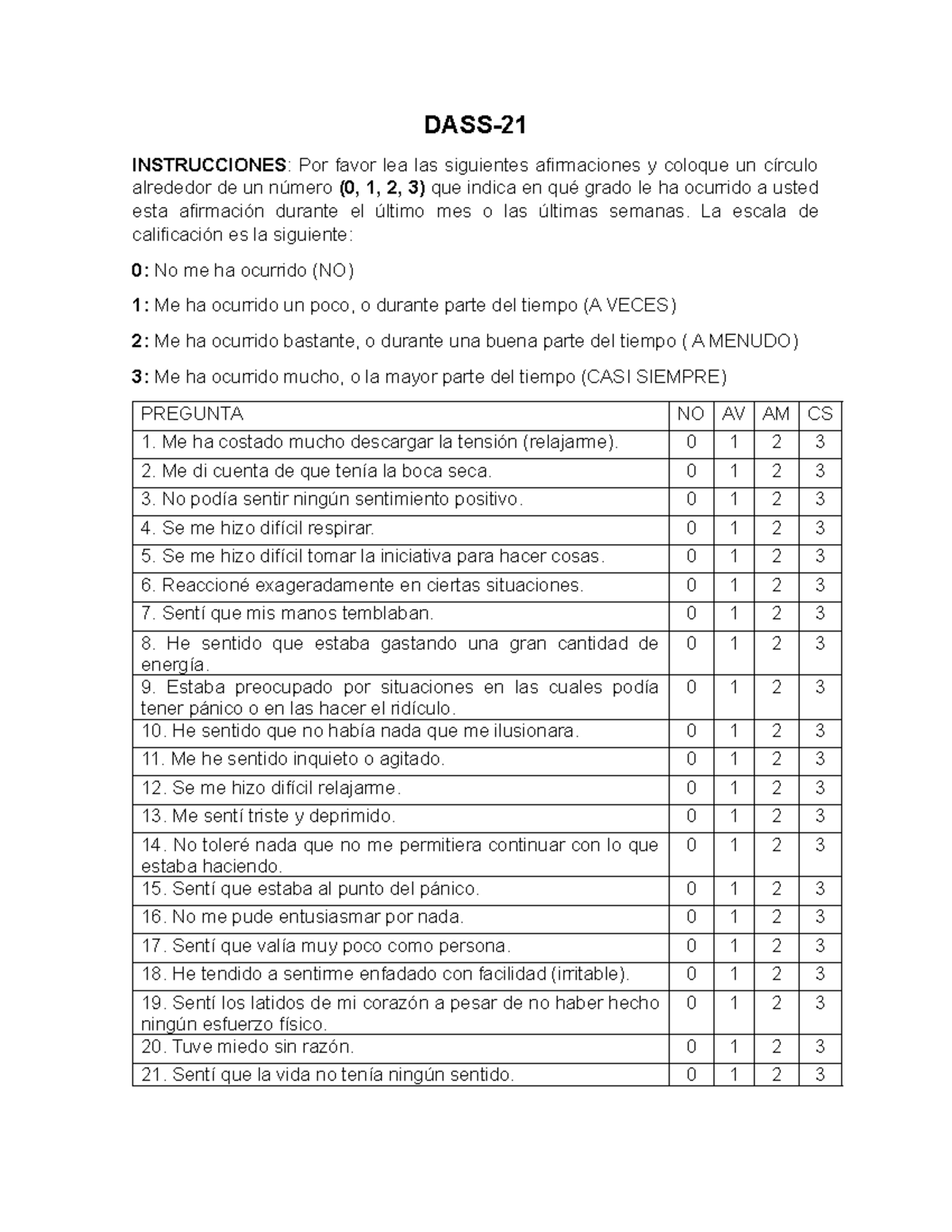 DASS-21 - escala para la evaluacion de la ansiedad, depresion y estres - DASS- INSTRUCCIONES ...