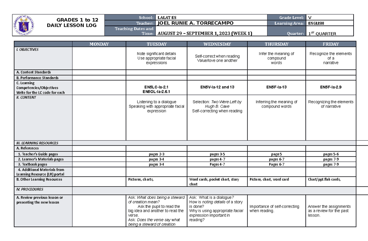 DLL English 5 Q1 W1 - Lesson Plan Example - GRADES 1 to 12 DAILY LESSON ...