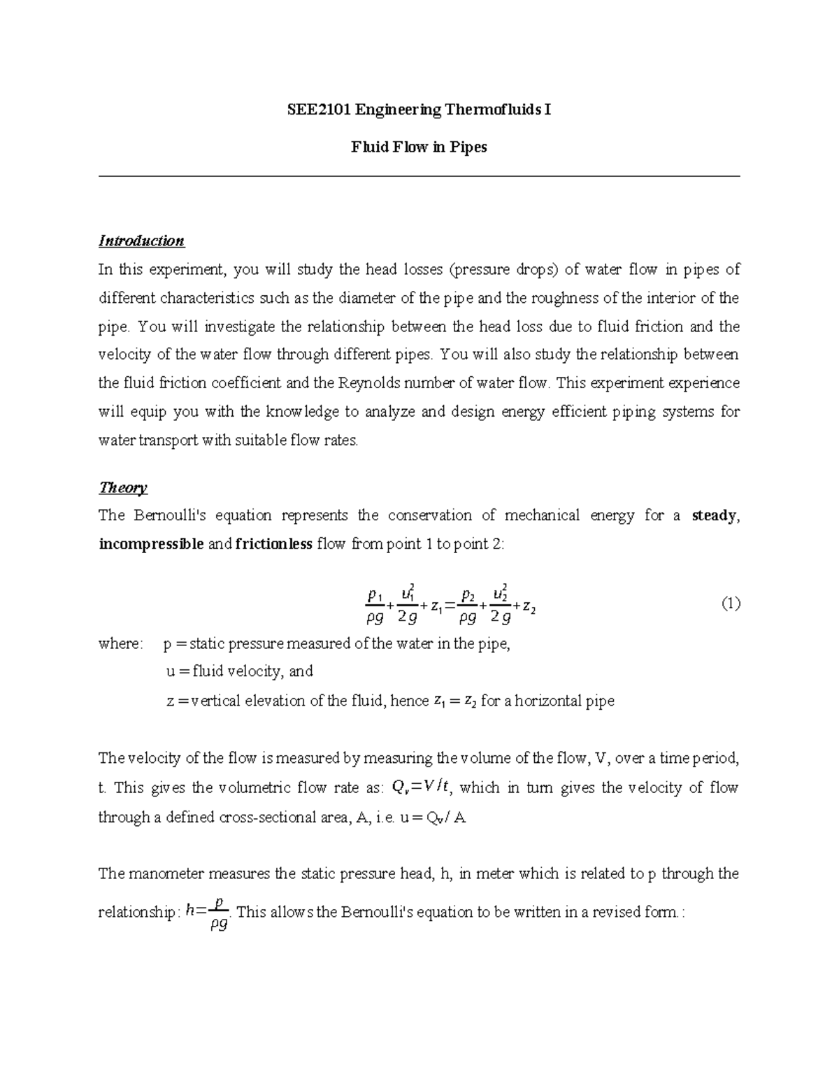 SEE2101 Lab Manual: Fluid Flow in Pipes Experiment 2026 - Studocu