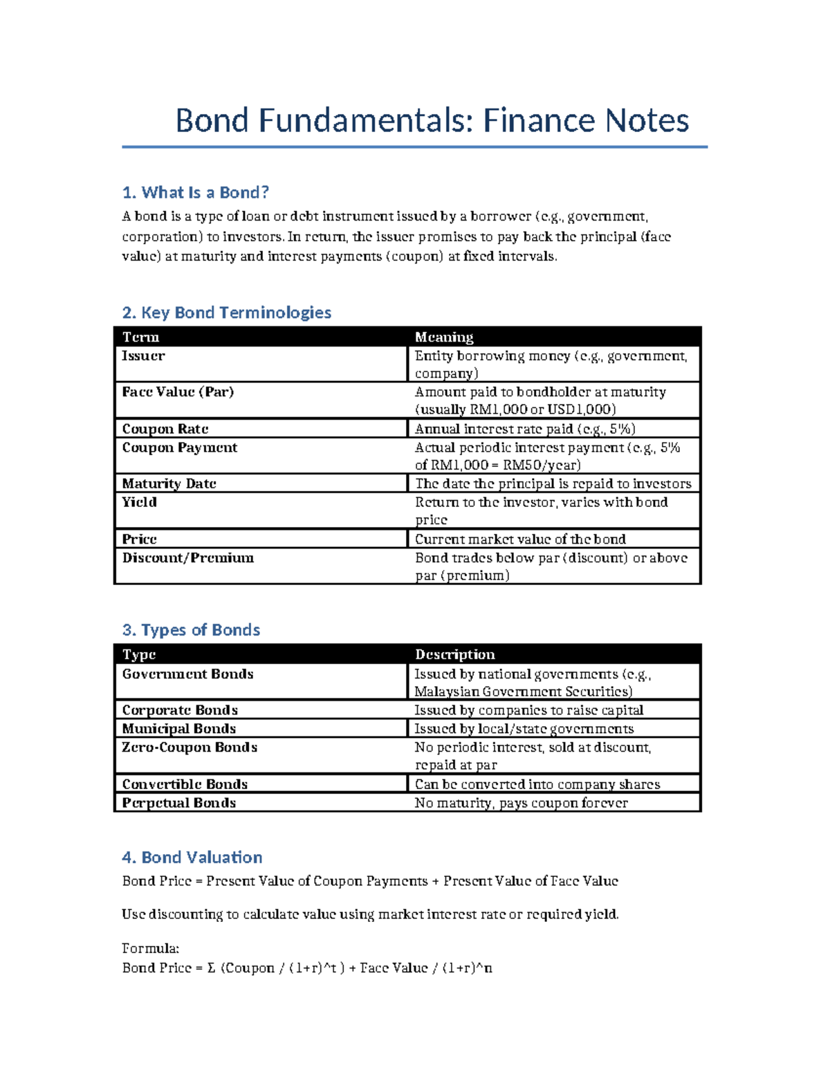Bond Fundamentals: Finance Notes on Bonds and Valuation - Studocu