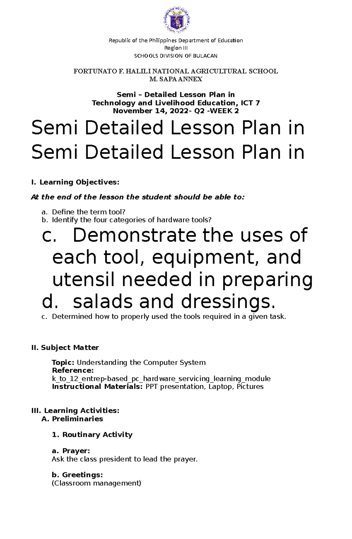 Semi-Detailed Lesson Plan for TLE 7: Understanding Computer Tools - Studocu