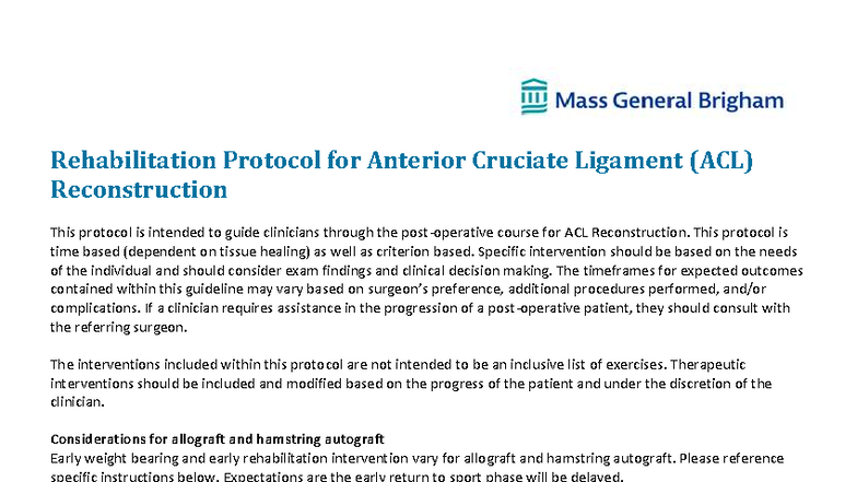 Rehabilitation protocol for acl - Rehabilitation Protocol for Anterior ...