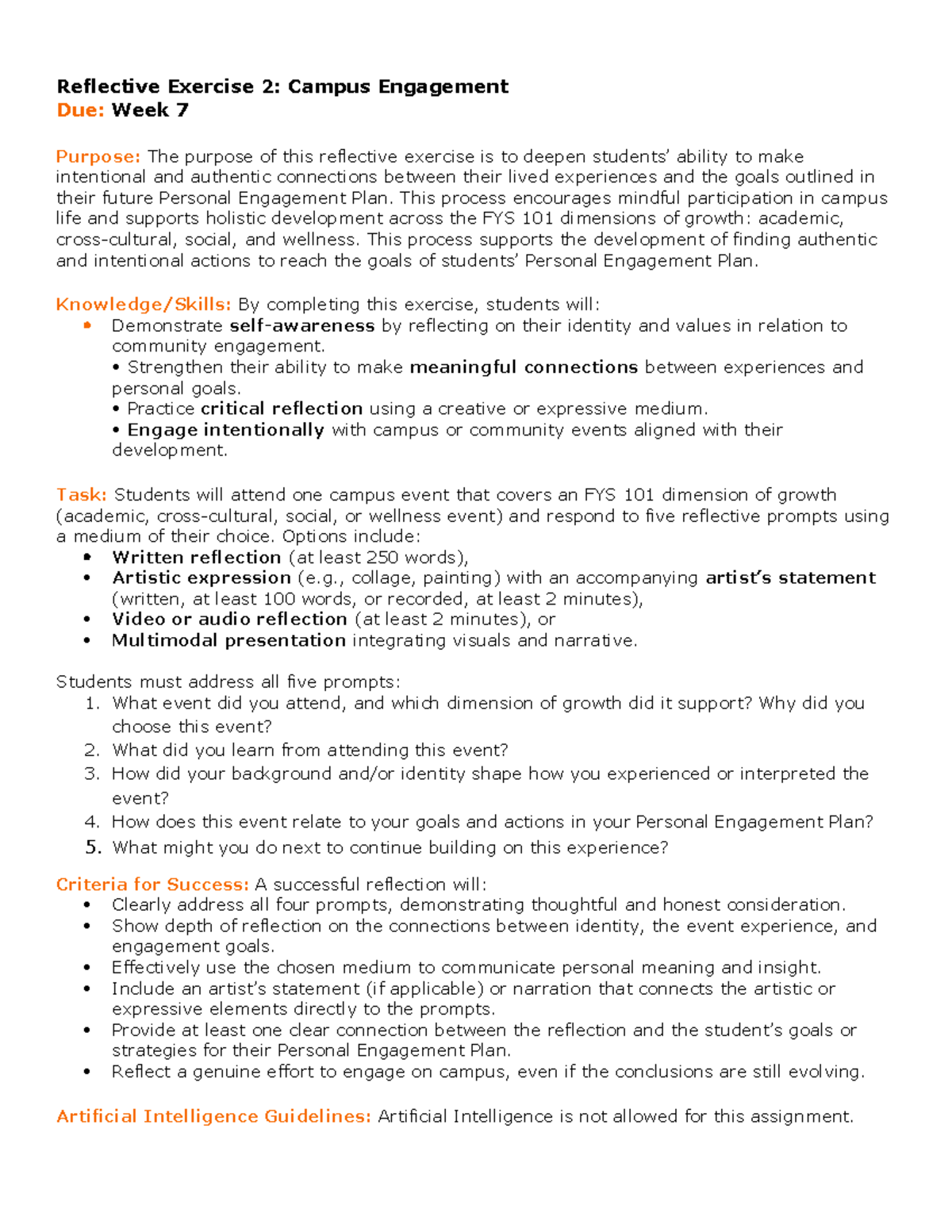 Reflective Exercise 2: Campus Engagement for FYS 101 - Studocu