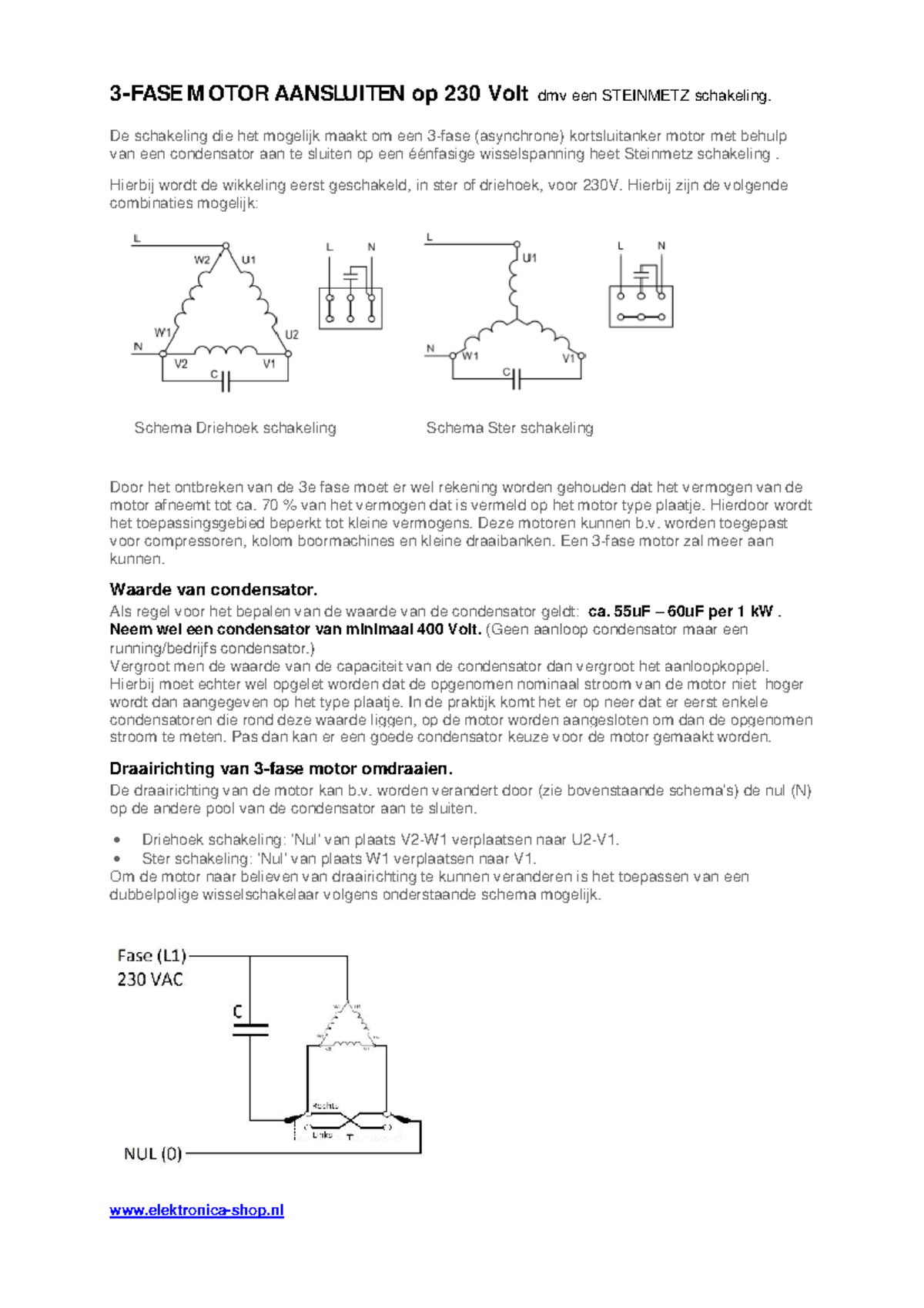 Aansluitschema van 3-Fase Motoren op 230V via Steinmetz Methode - Studocu