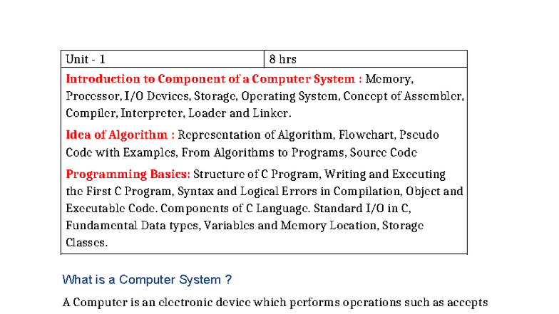 Unit 1: Introduction to Computer Systems & C Programming (ST1) - Studocu