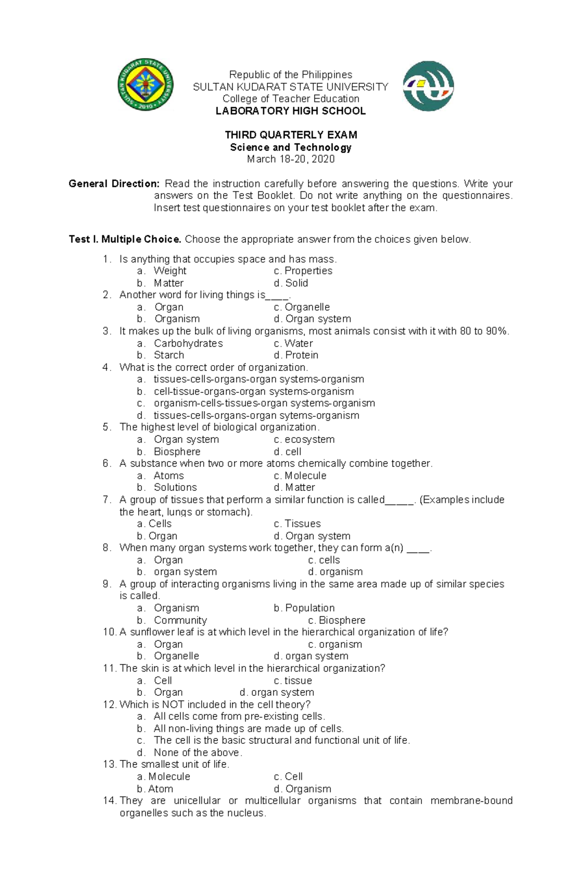SULTAN KUDARAT STATE UNIVERSITY Science & Tech 3rd Quarter Exam March ...