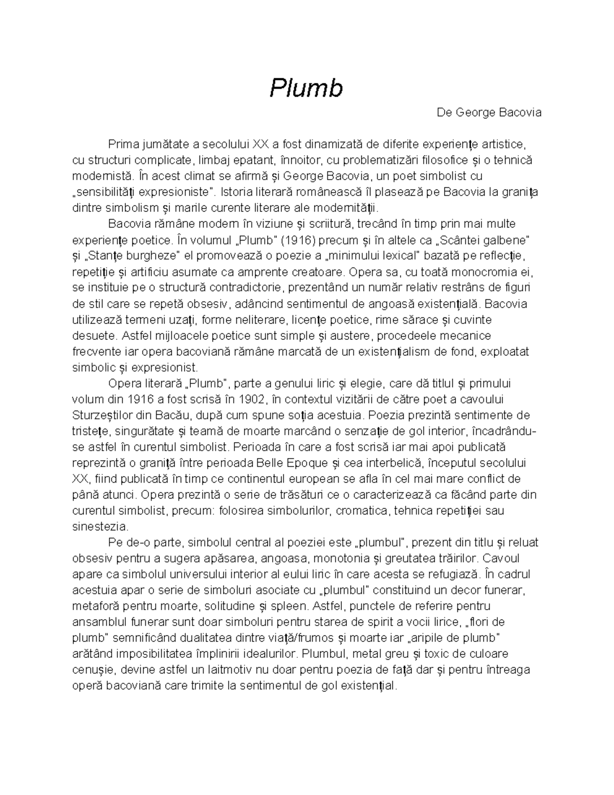 Plumb - Eseu Analiză a Operei lui George Bacovia - Studocu