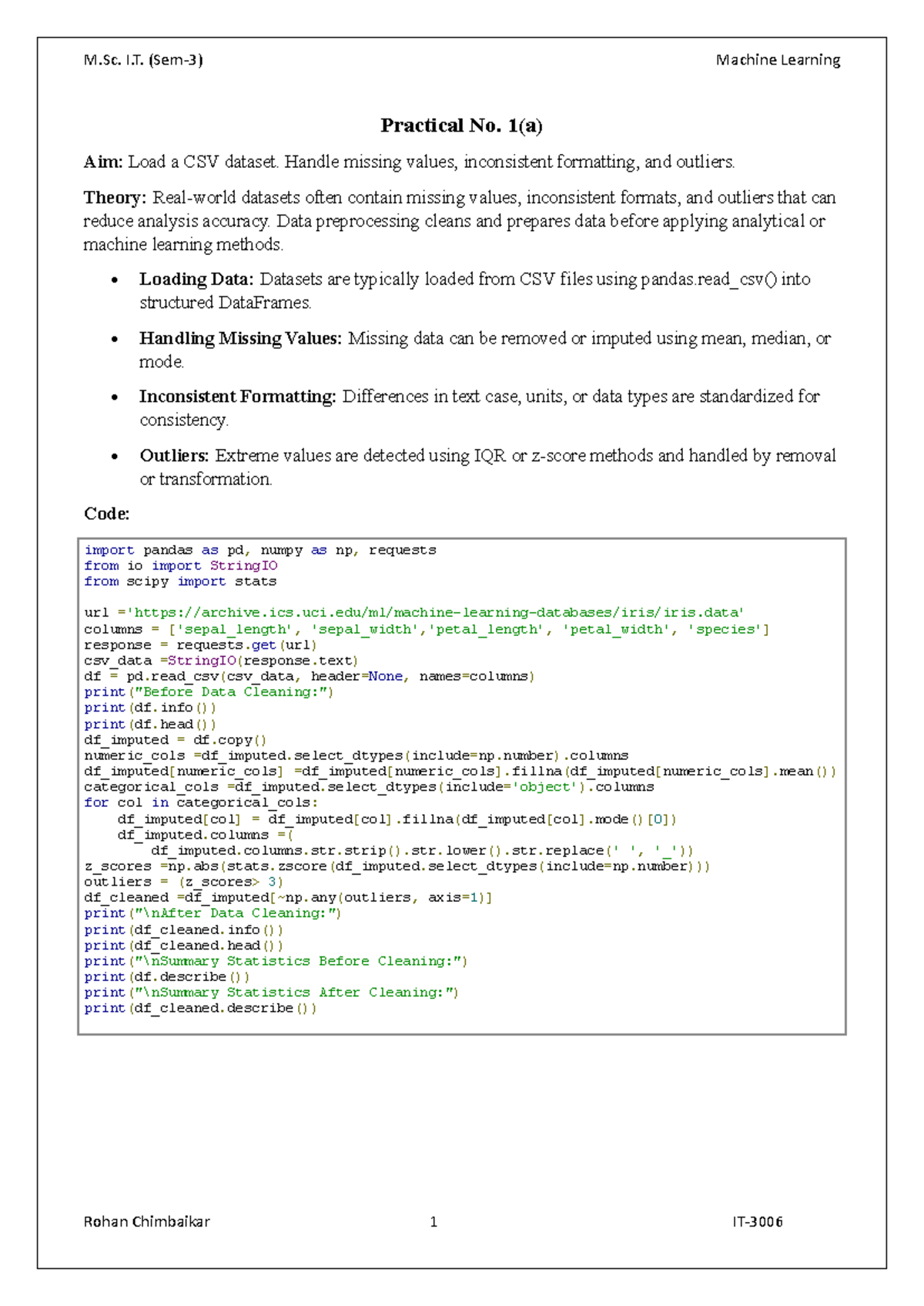 M.Sc. I.T. Machine Learning Practical Journal: Data Preprocessing ...