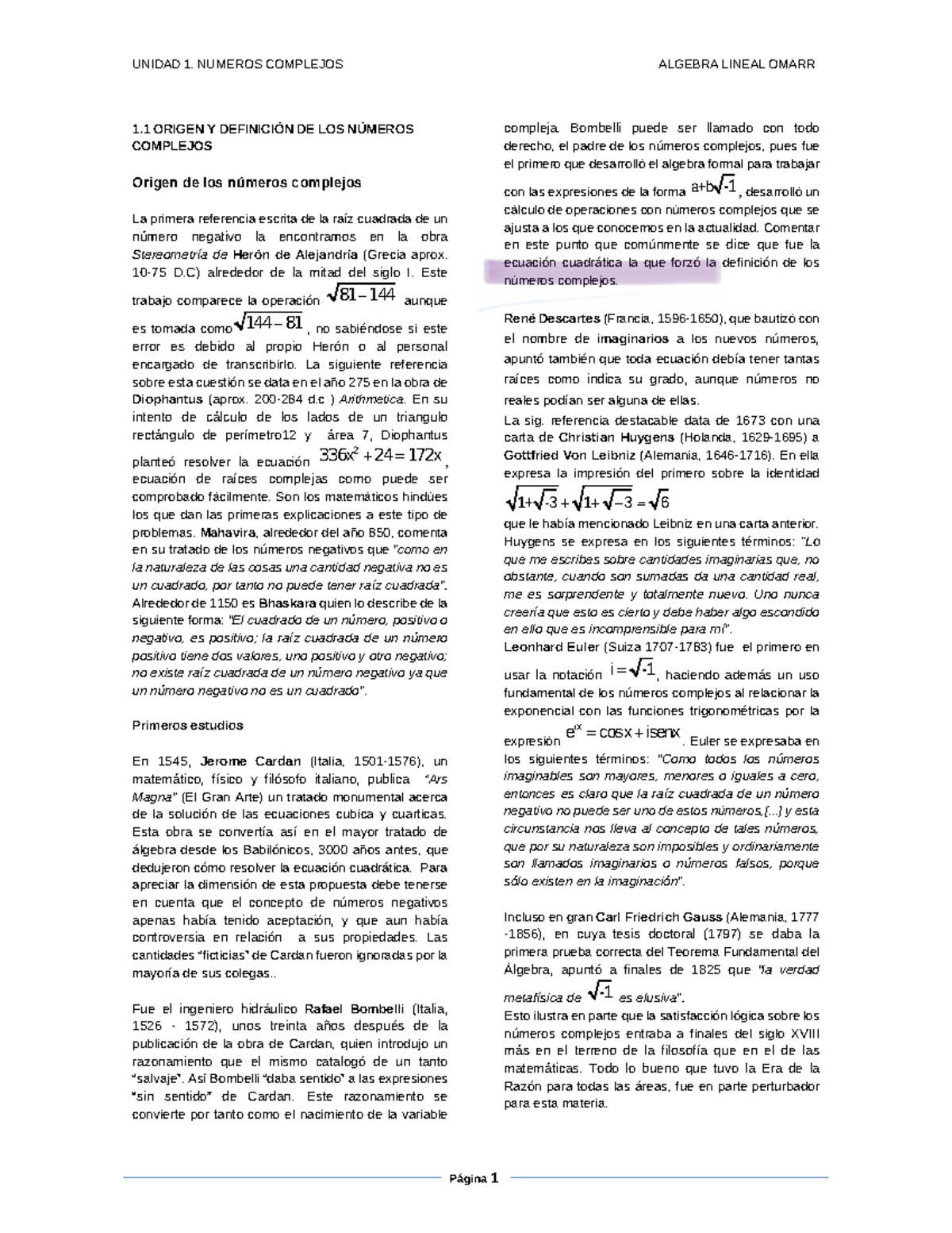 UNIDAD 1: NÚMEROS COMPLEJOS EN ÁLGEBRA LINEAL OMARR - Studocu