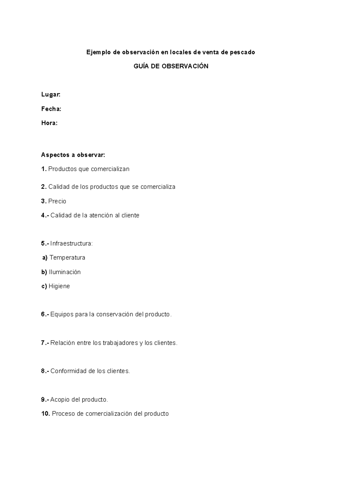Ejemplos de Guías de Observación en Locales de Venta de Pescado y ...