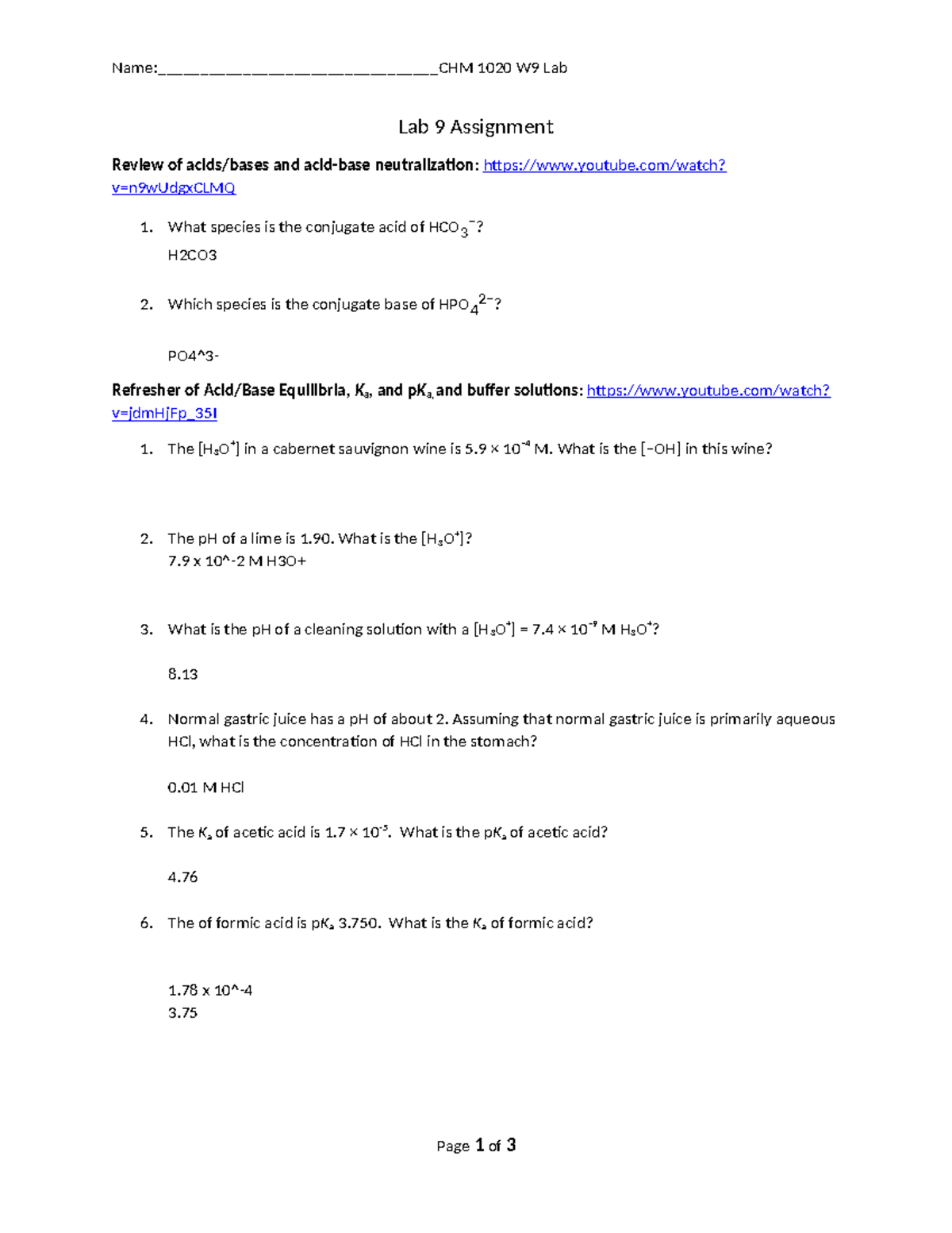 Chm1020 w9 lab assignment - Name:_________________________________CHM 1020 W9 Lab Lab 9 ...