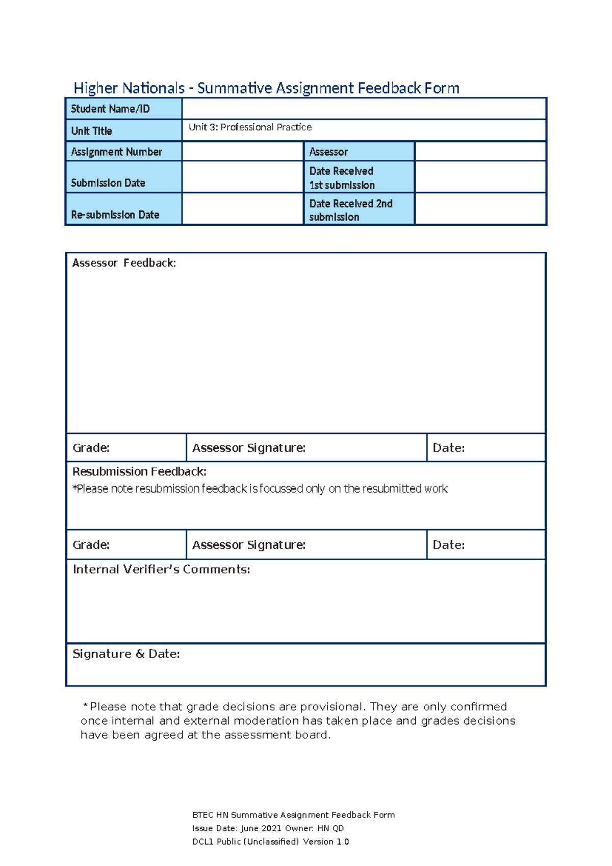 Unit 3: Professional Practice Assignment Feedback Form (2024-2025 ...