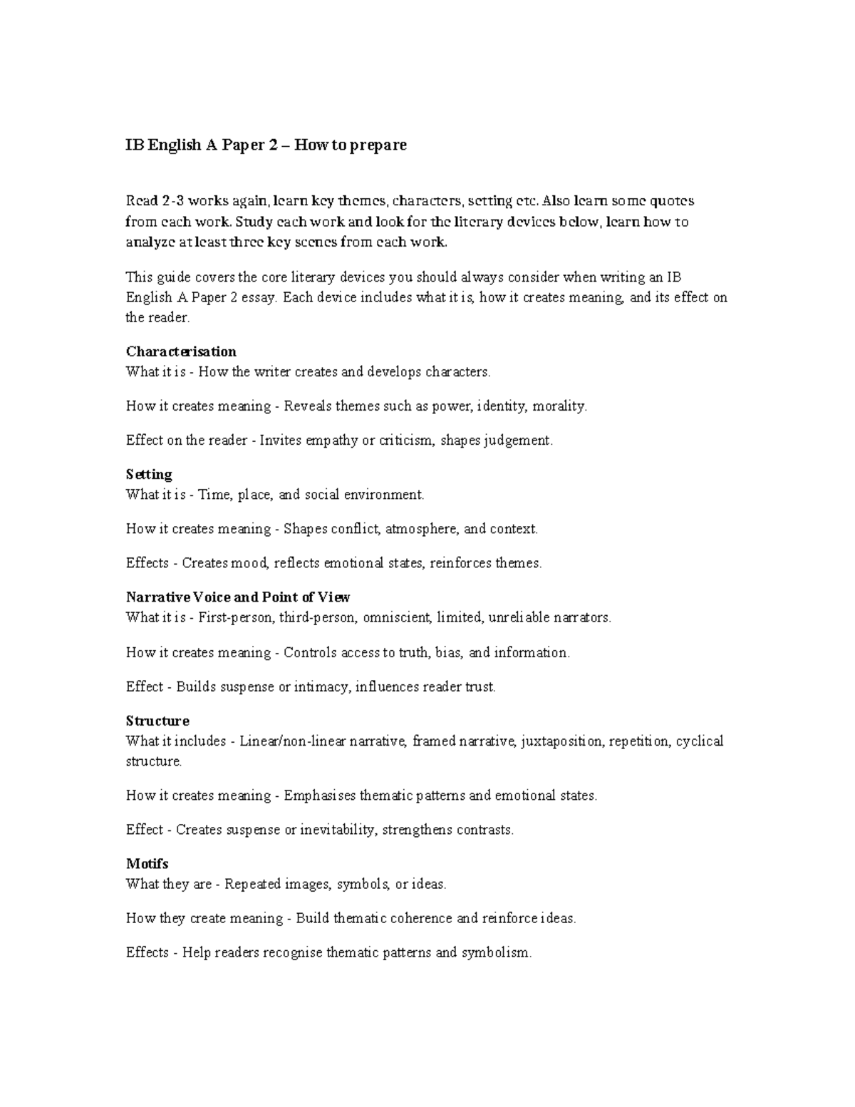 IB23 English A Paper 2 Preparation Guide: Key Themes & Devices - Studocu