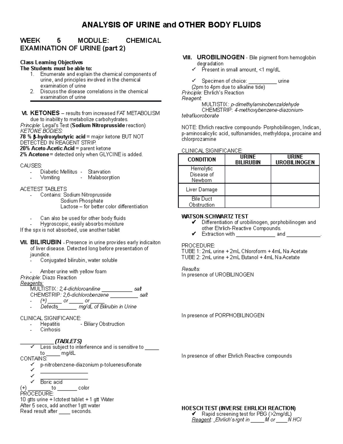 W5 Module: Chemical Examination of Urine (Part 2) Analysis - Studocu