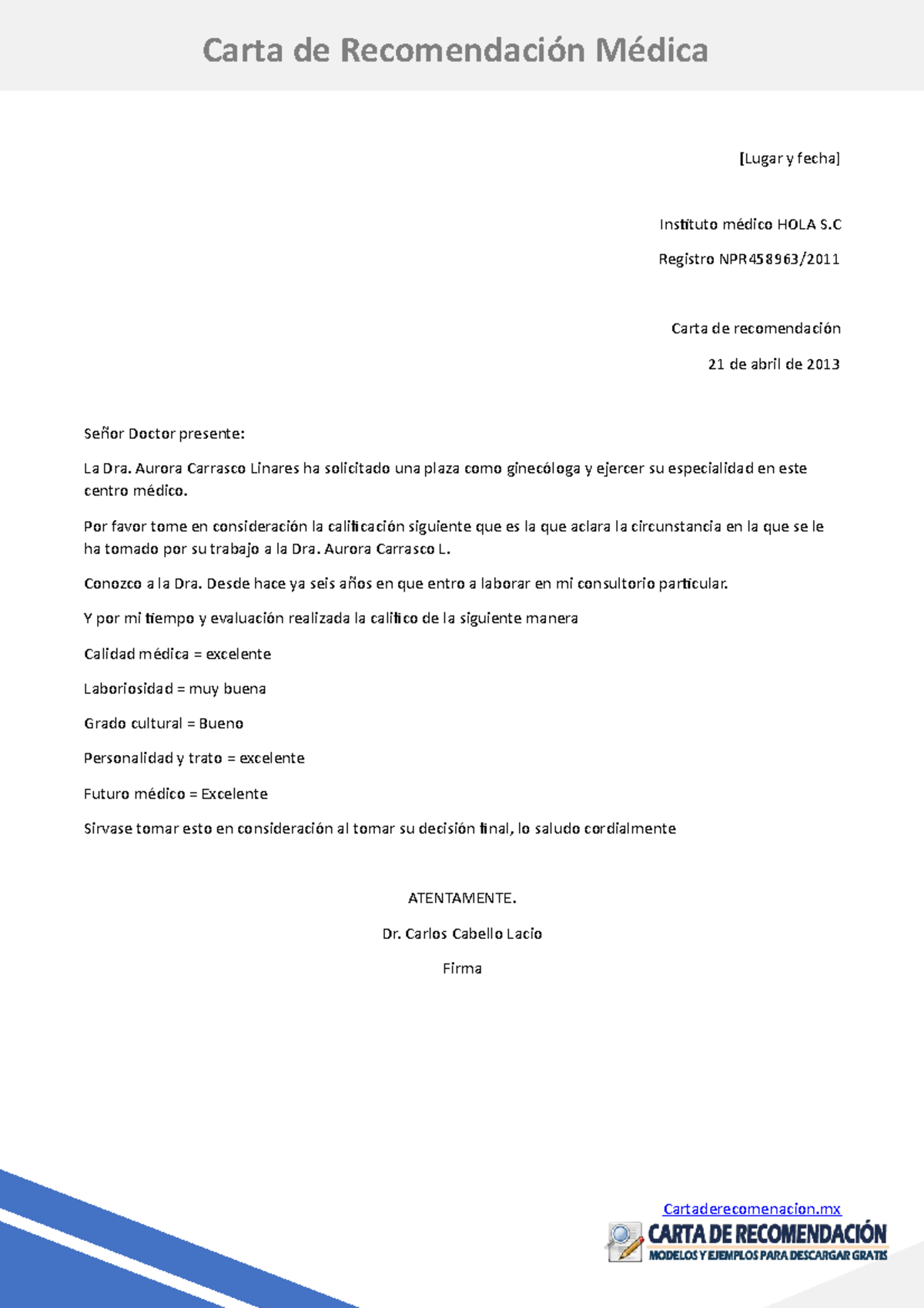 Carta De Recomendacion Para Trabajo Medico