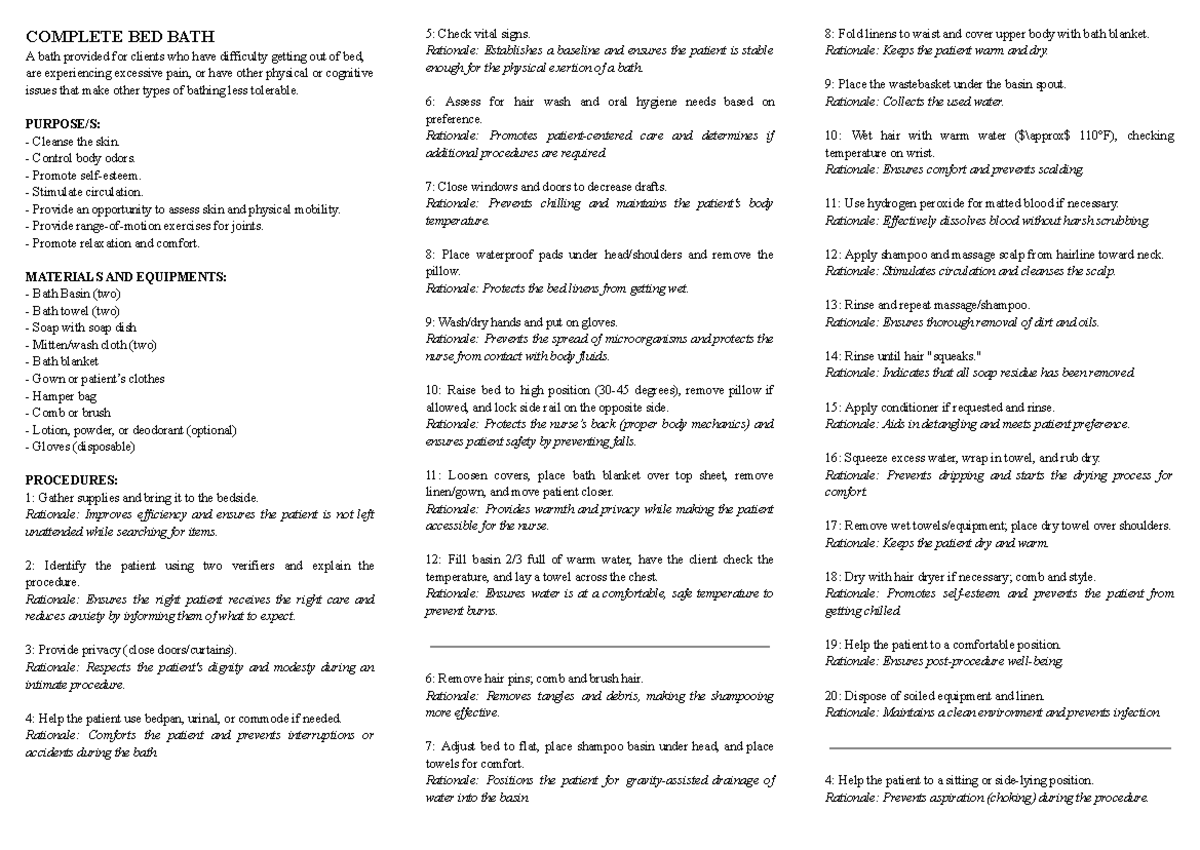 Rd6 - Complete Bed Bath Procedure and Rationale Guide - Studocu