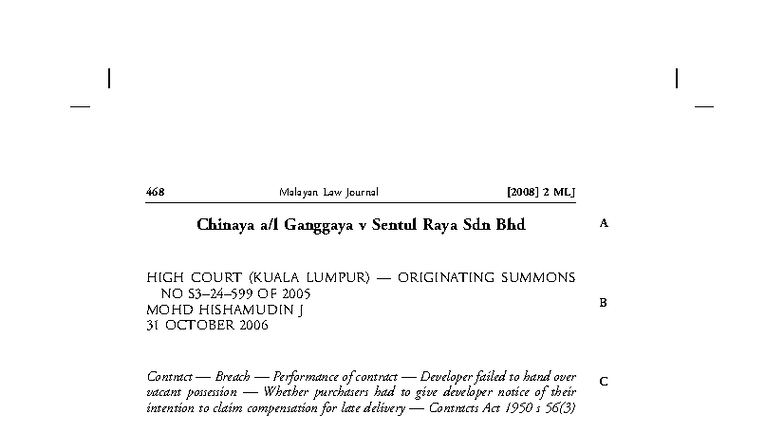 Chinaya Ganggaya v Sentul Raya Sdn Bhd: High Court Case Analysis (2005 ...