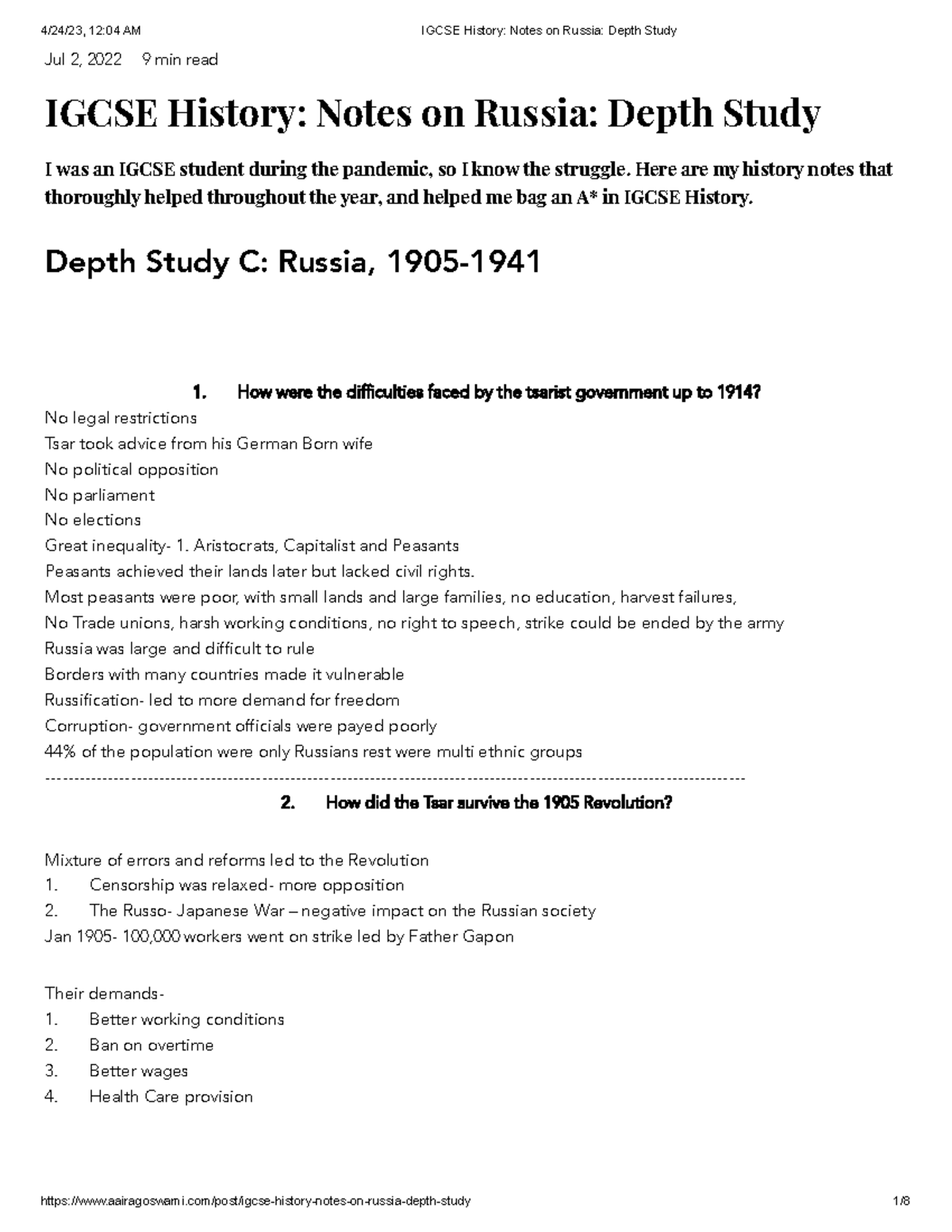 IGCSE History Notes: Russia Depth Study Guide (1905-1941) - Studocu