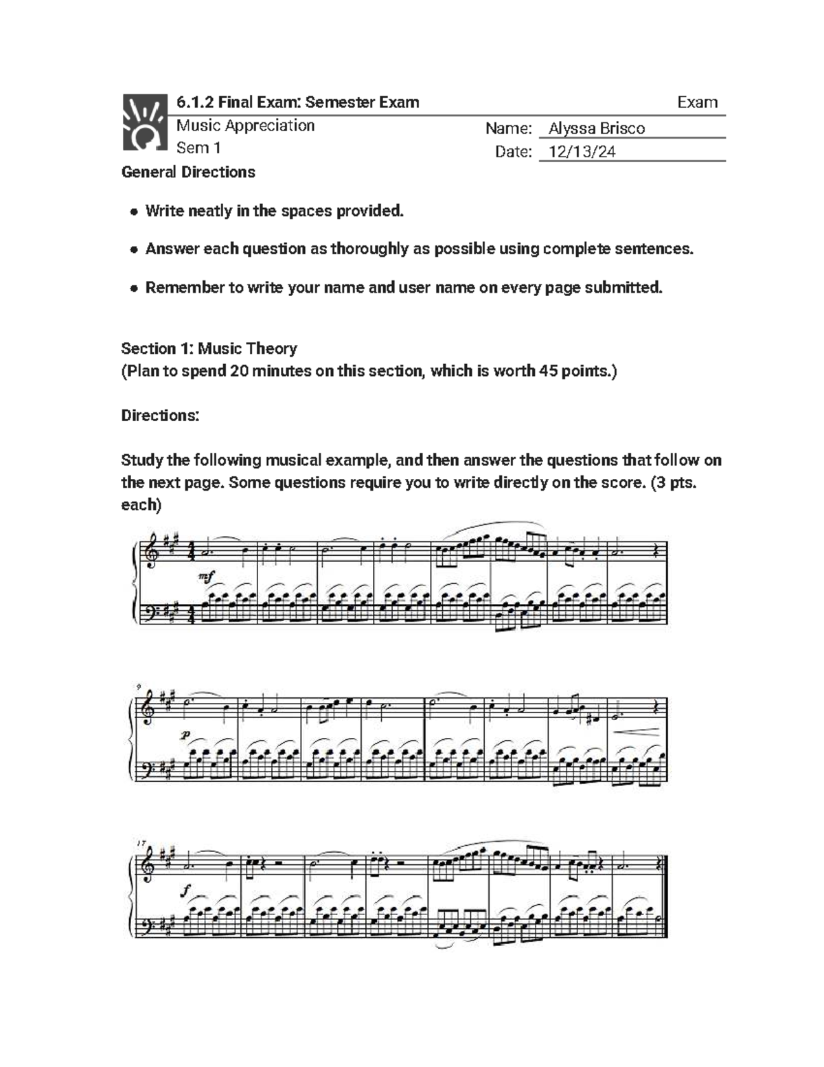 6.1 Final Exam - Music Appreciation Semester Exam (Spring 2023) - Studocu