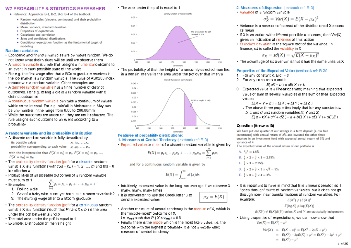 Probability & Statistics Refresher Notes - W2 Course Code - Studocu