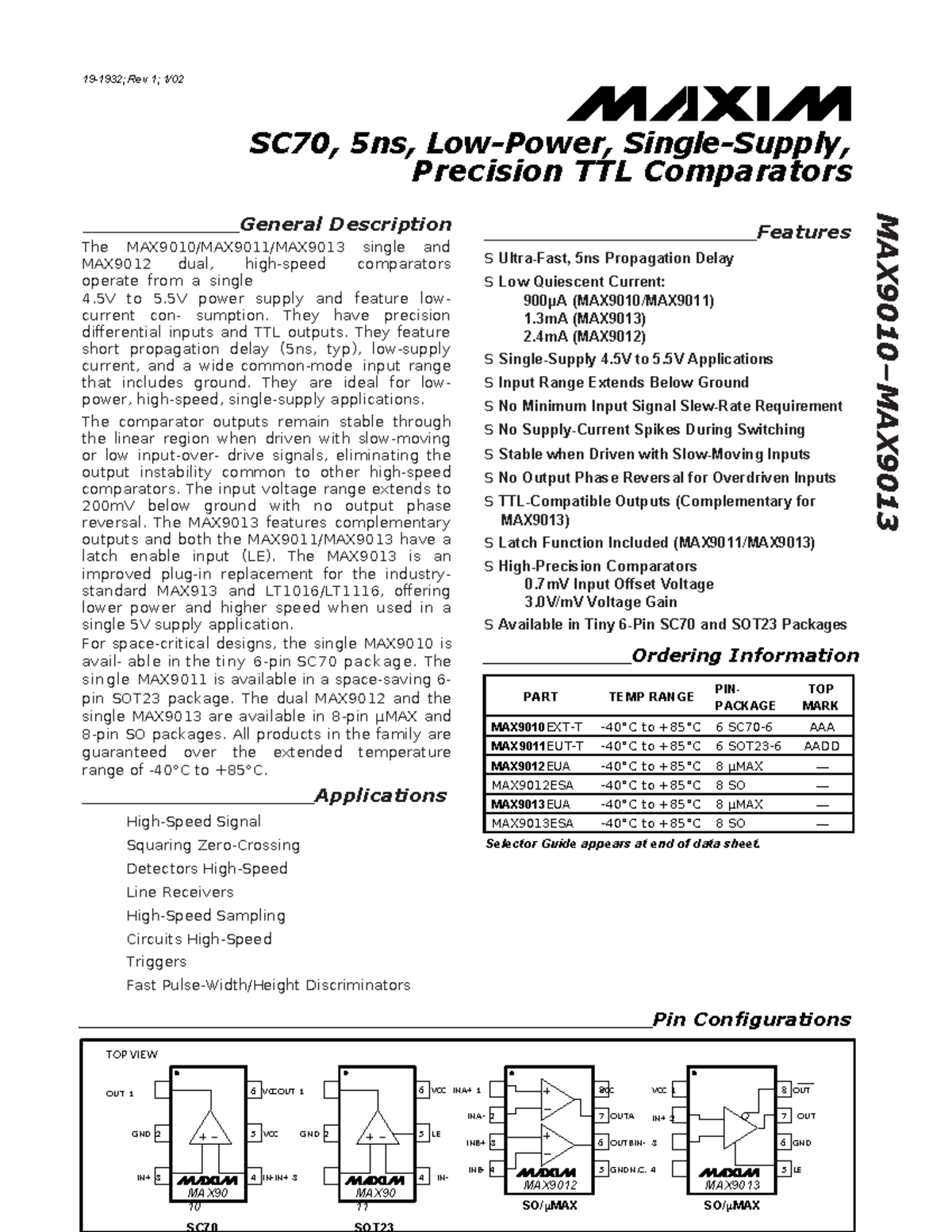 MAX9010: SC70, 5ns Precision TTL Comparators Overview - Studocu