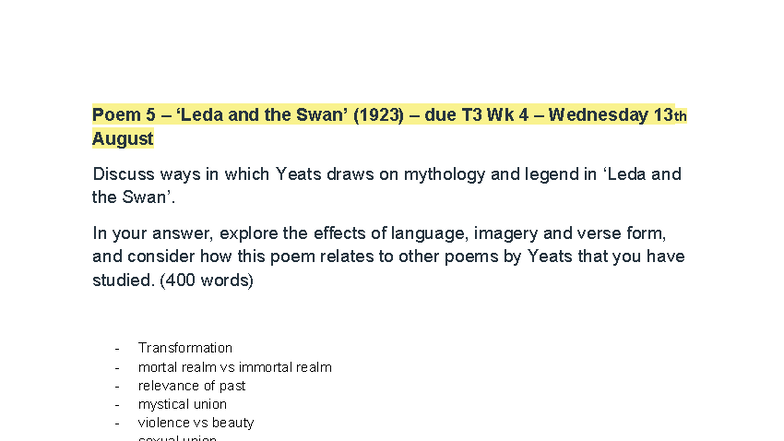 W.B. Yeats Formative Essay: Analyzing "Leda and the Swan" - Studocu