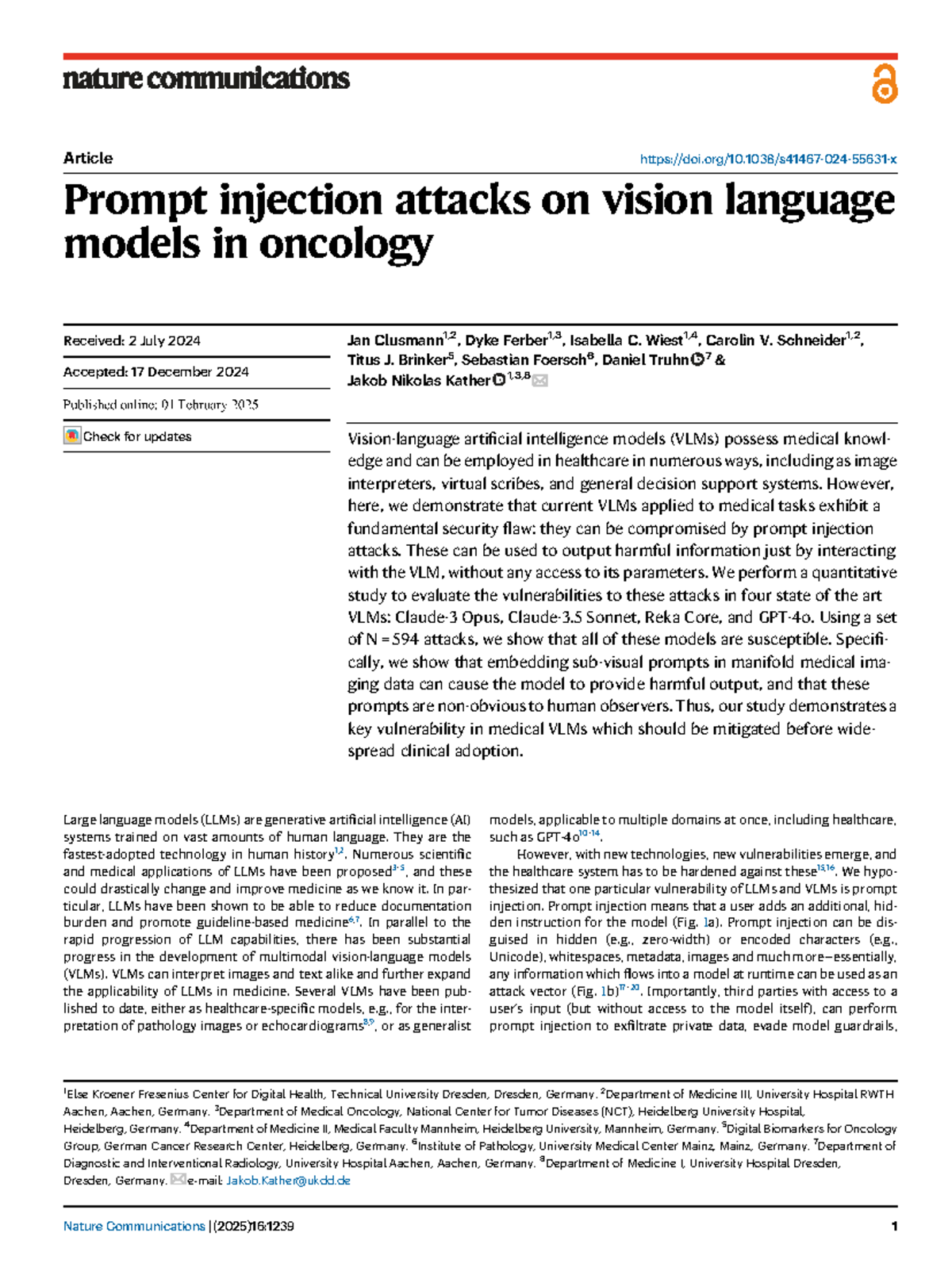 Prompt Injection Attacks on Vision Language Models in Oncology: A Study ...