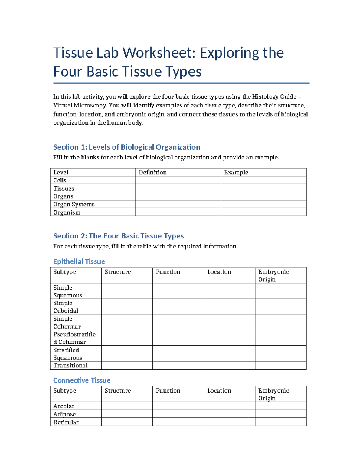 Tissue Lab Worksheet: Exploring Basic Tissue Types (BIO 101) - Studocu