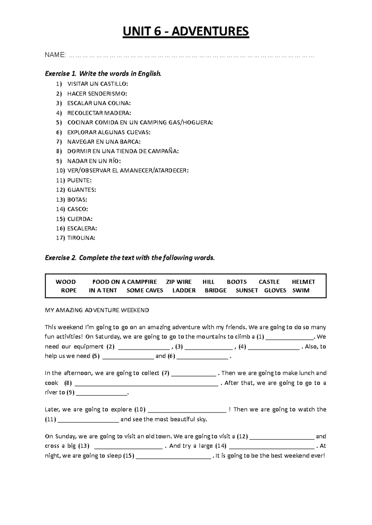 UNIT 6 ADVENTURES: English Review Exercises and Activities - Studocu