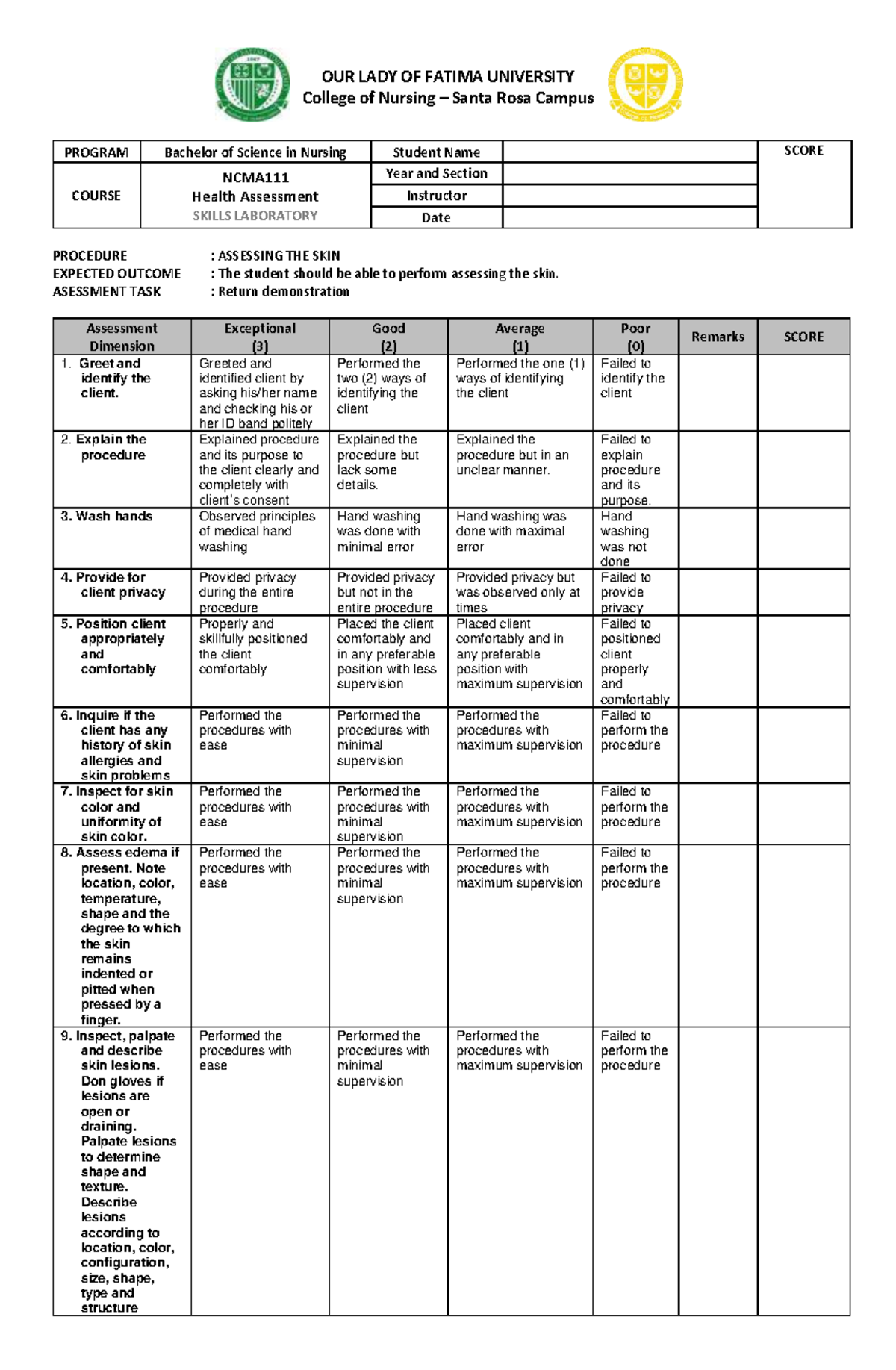 NCMA - Health Assessment Lab Skills Rubric for Skin Evaluation - Studocu
